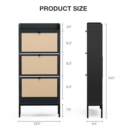 Shoe Storage Cabinet with 3 Flip Drawers, Natural Rattan Narrow ...