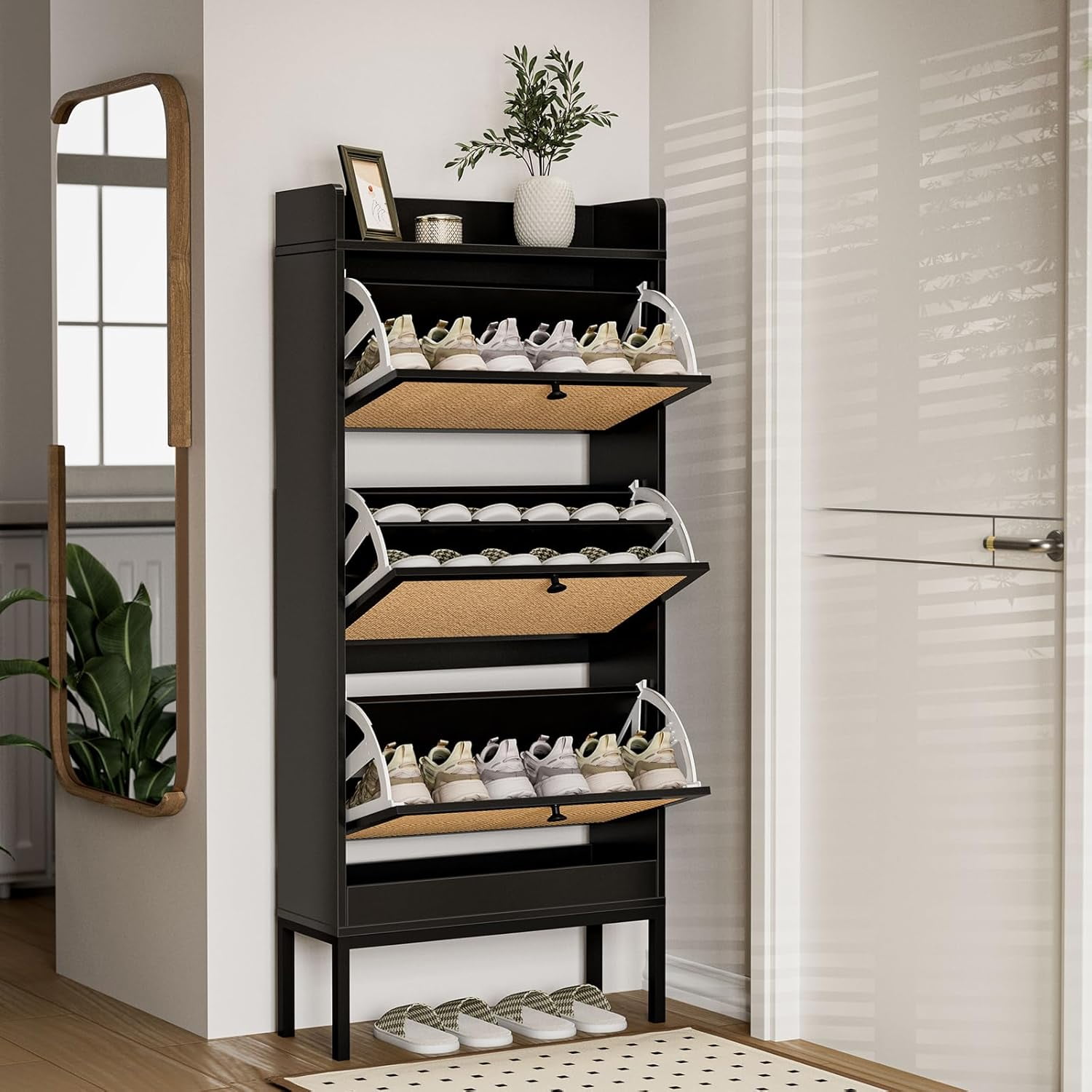 Shoe Storage Cabinet with 3 Flip Drawers, Natural Rattan Narrow ...