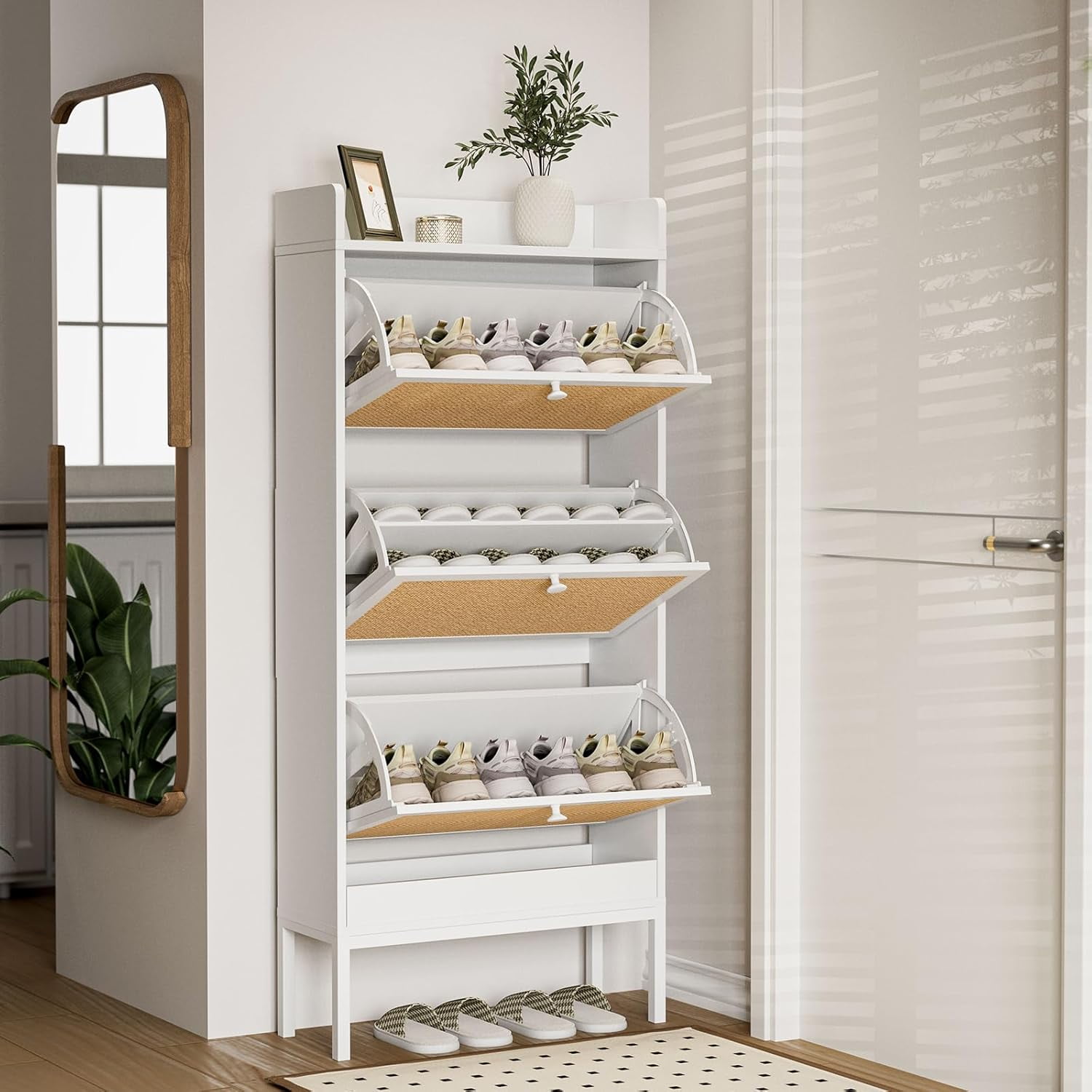 Shoe Storage Cabinet with 3 Flip Drawers, Natural Rattan Narrow ...