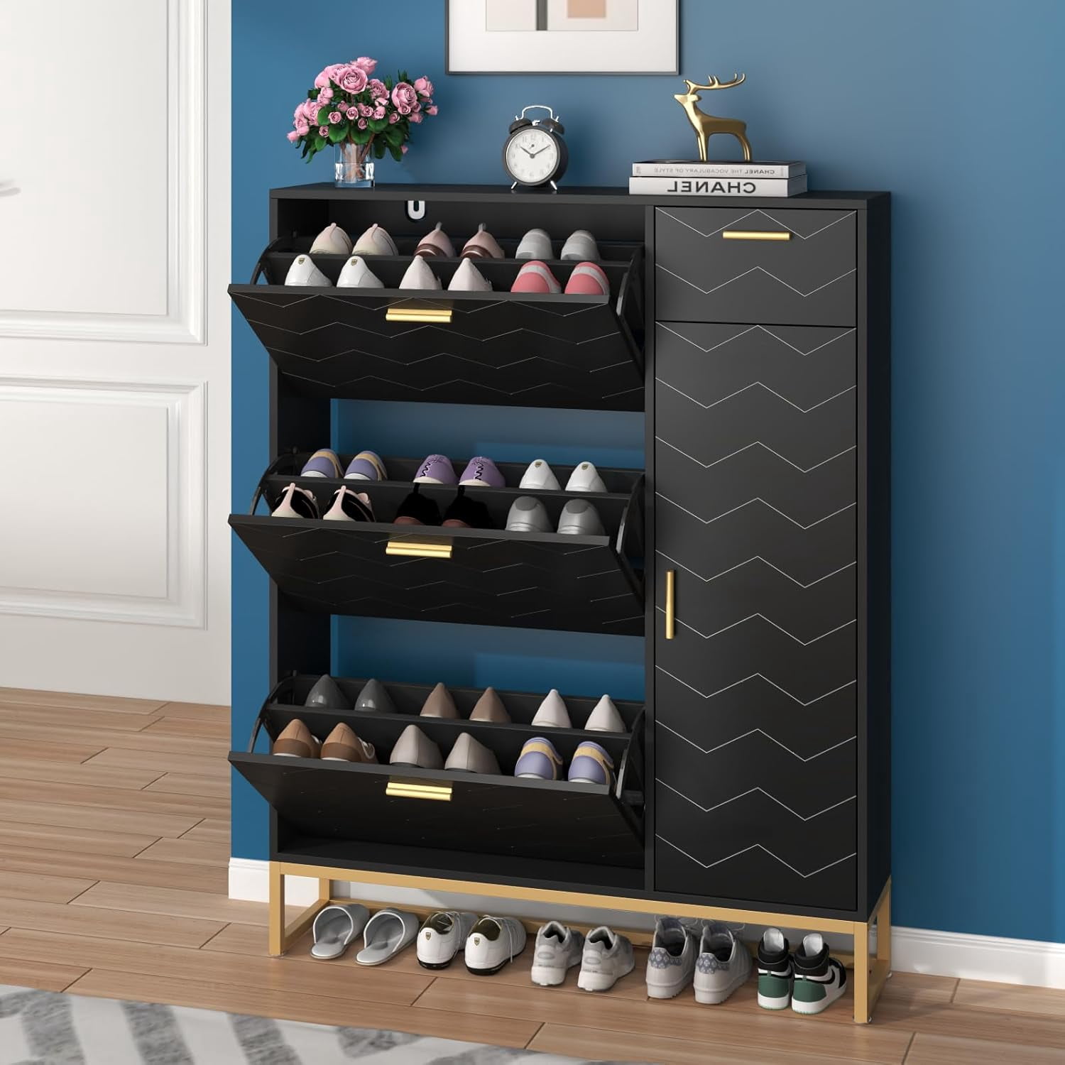 Shoe Storage Cabinet with 3 Flip Drawers, Slim Shoe Rack with Drawers ...