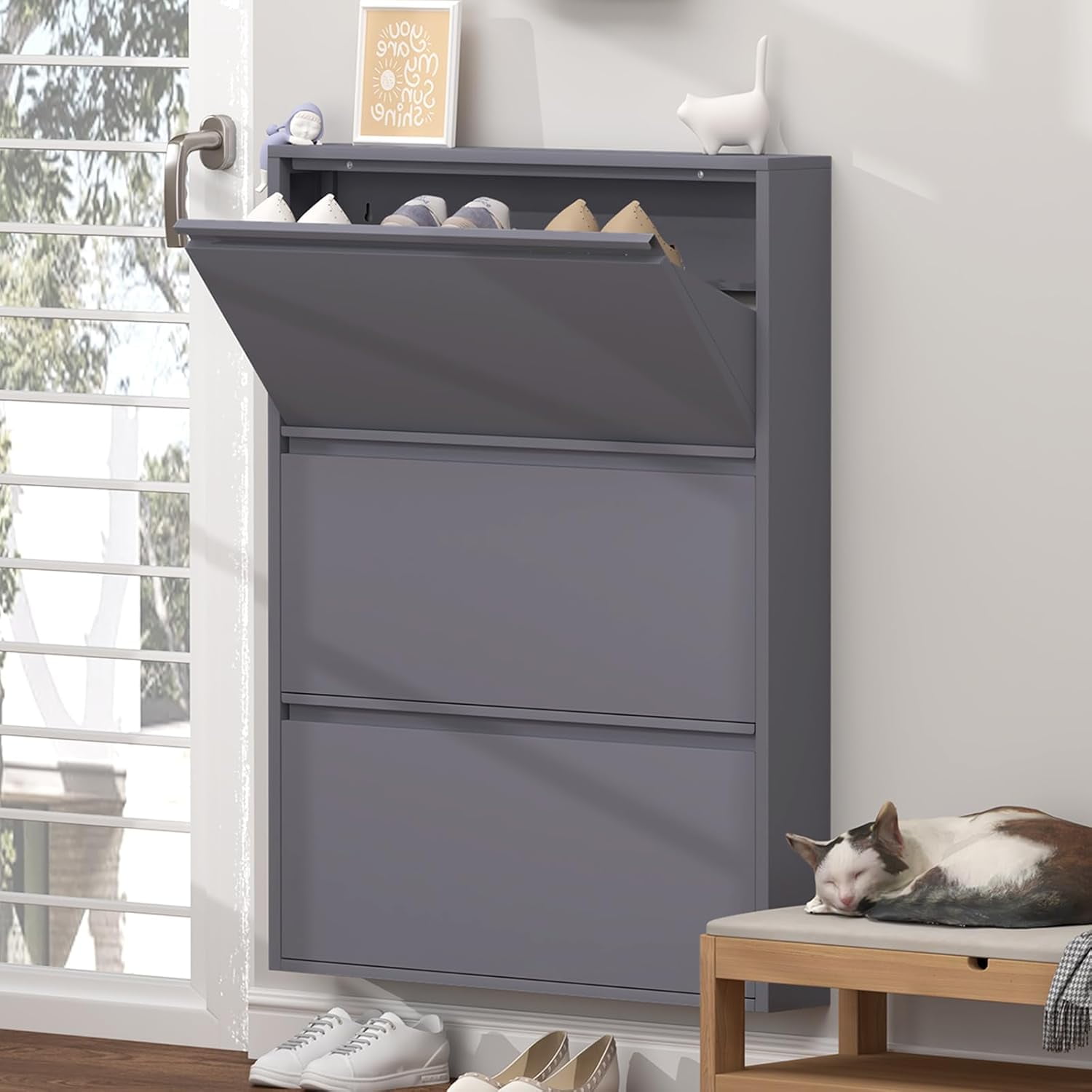 Shoe Storage Cabinet with 3 Flip Drawers, Wall Mount Metal Shoe ...