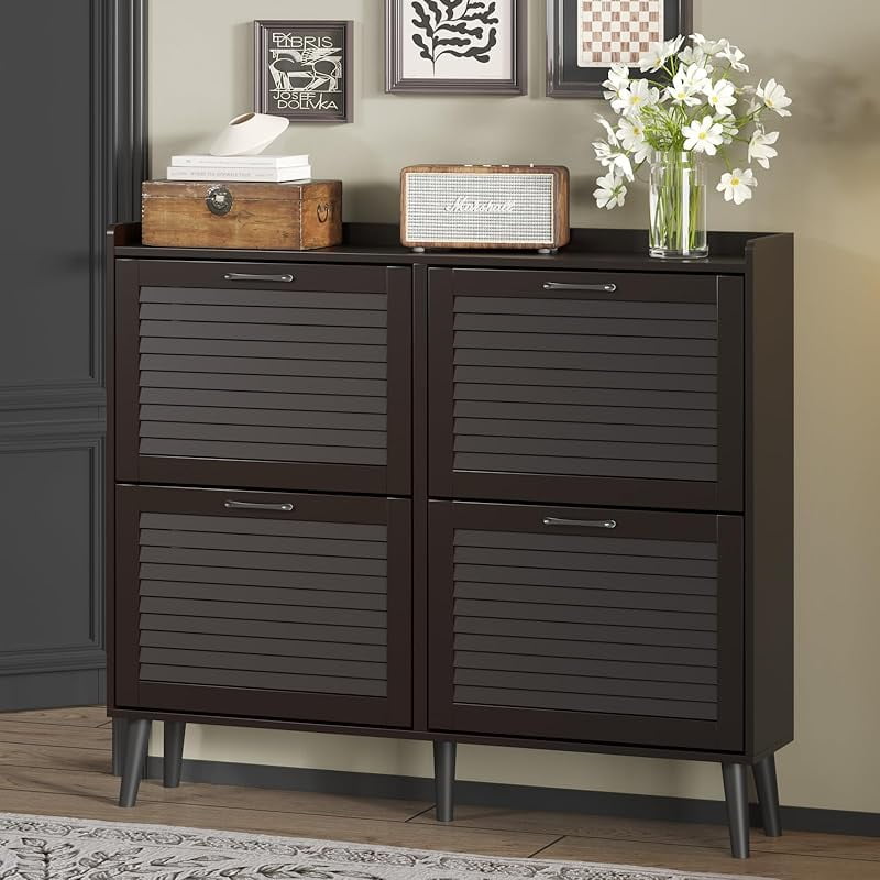Shoe Storage Cabinet with 3 Flip Louvered Doors, Freestanding Organizer ...
