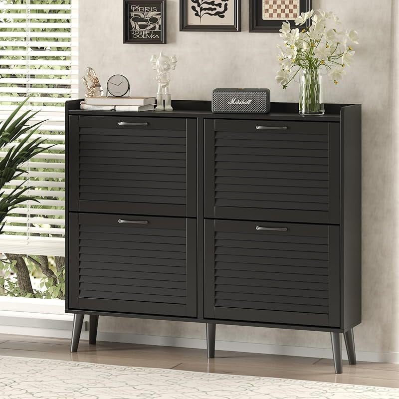 Shoe Storage Cabinet with 3 Flip Louvered Doors, Freestanding Organizer ...
