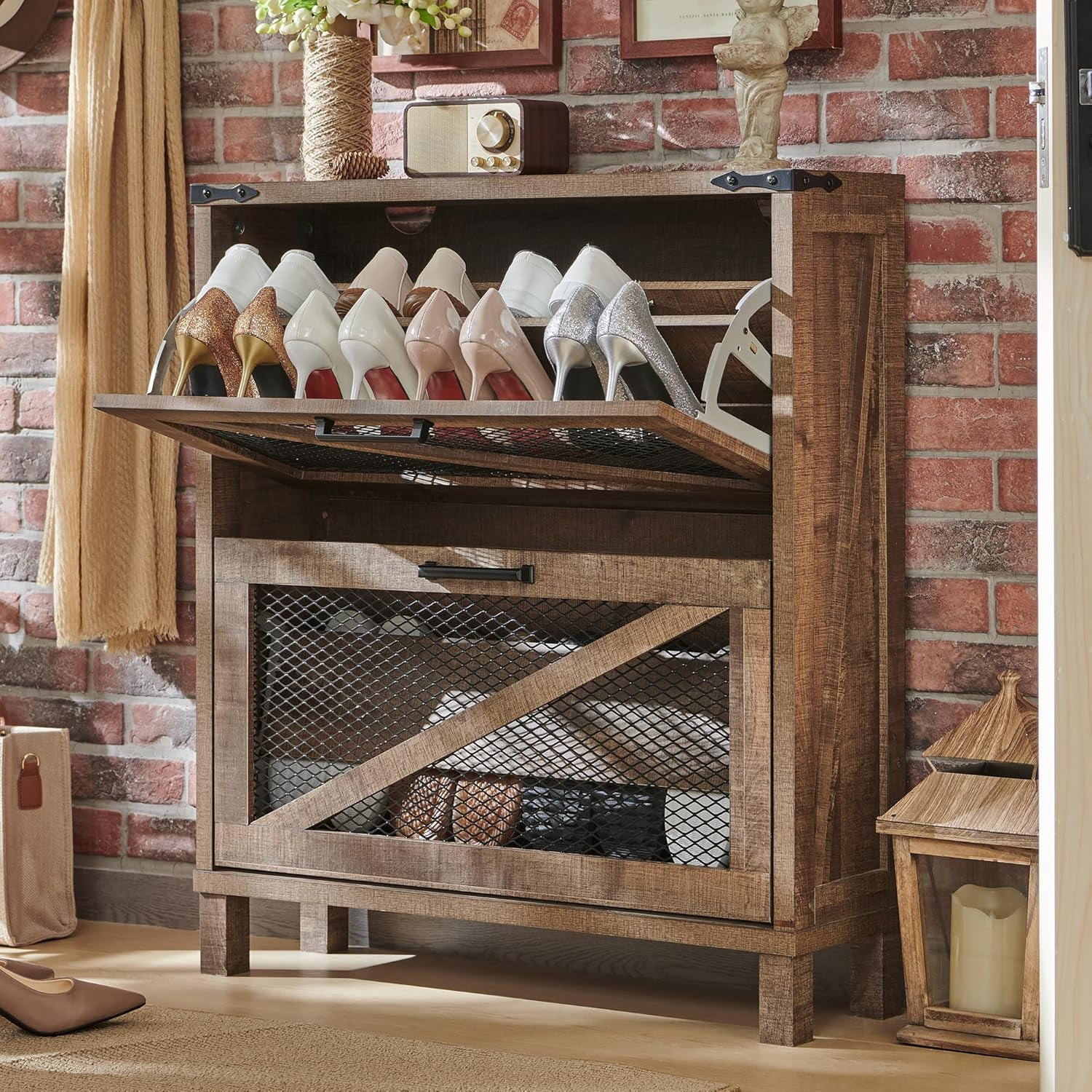 Shoe Storage Cabinet 38" Wide Farmhouse Shoe Cabinet with Mesh Doors ...