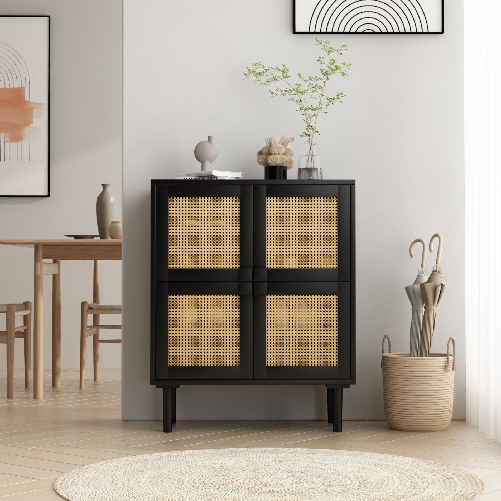 Shoe Storage Cabinet, 4-Doors Rattan Mesh Storage Cabinet with 8 ...