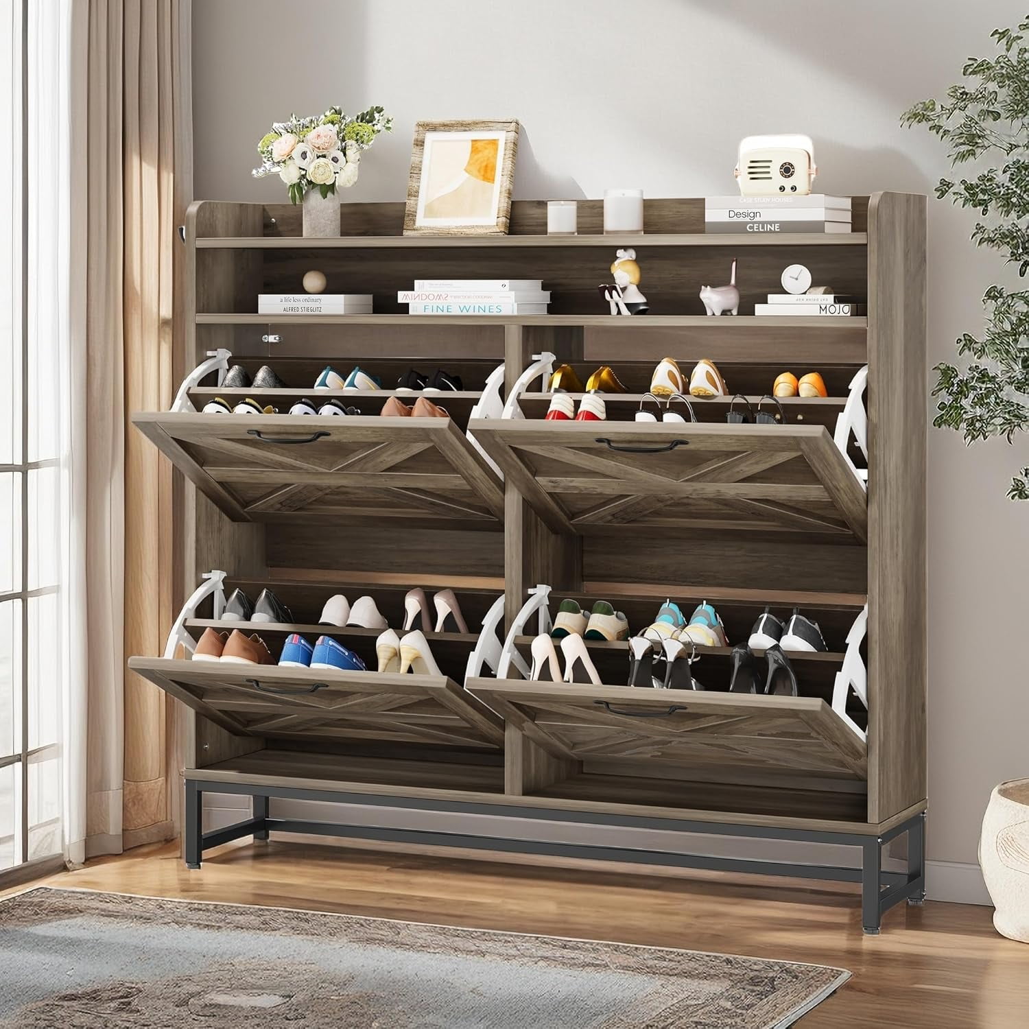 Shoe Storage Cabinet with 4 Flip Drawers for 24 Pairs Shoe Organizer ...