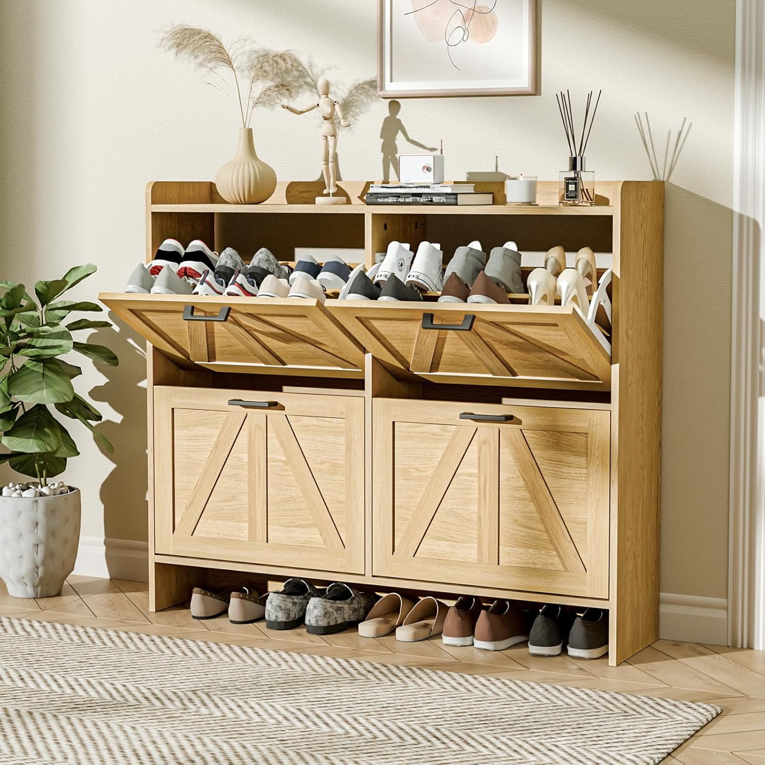 Shoe Storage Cabinet with 4 Flip Drawers for Entryway, Narrow ...