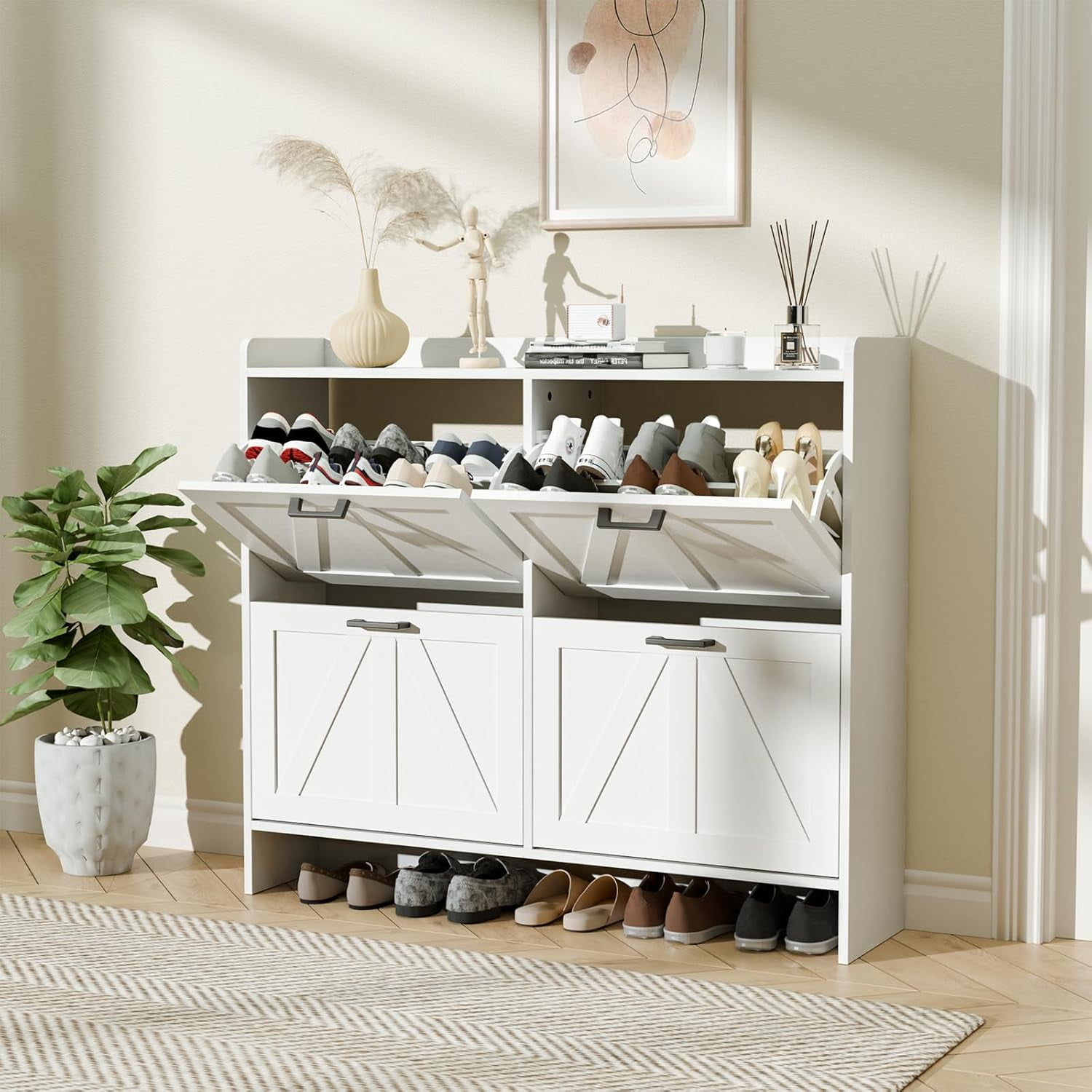 Shoe Storage Cabinet with 4 Flip Drawers for Entryway Slim Freestanding ...