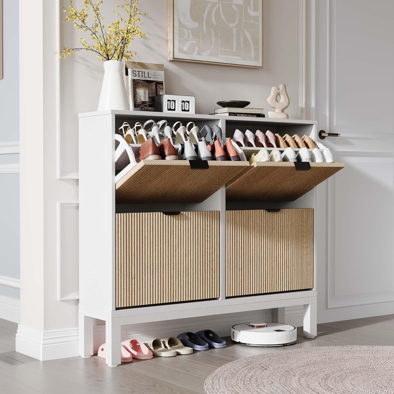 Shoe Storage Cabinet with 4 Flip Drawers, Farmhouse Fluted Shoe ...