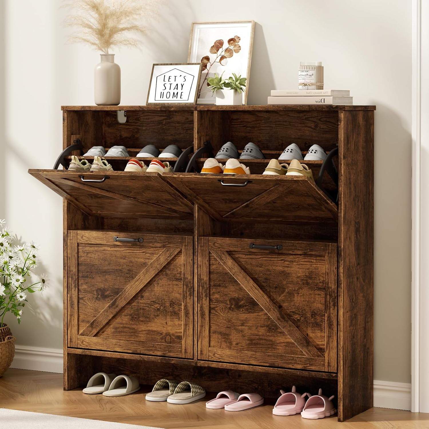 Shoe Storage Cabinet with 4 Flip Drawers, Farmhouse Narrow Slim Shoes ...