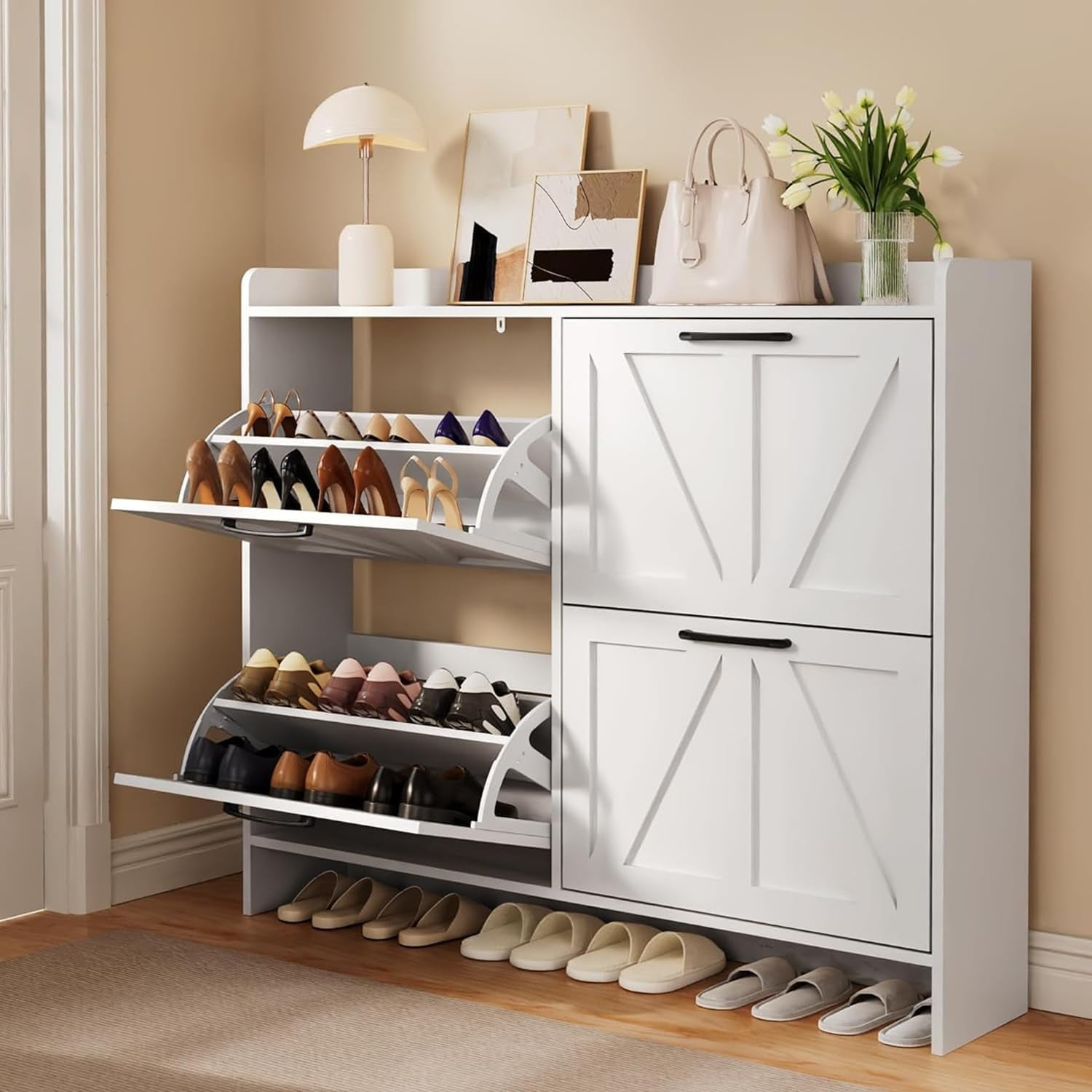 Shoe Storage Cabinet with 4 Flip Drawers, Freestanding Hidden Shoe ...