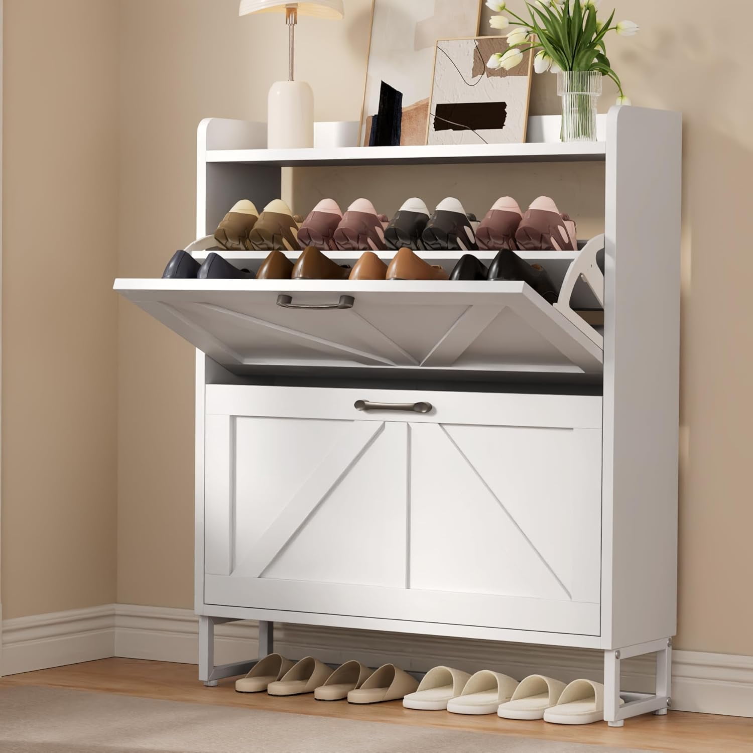 Shoe Storage Cabinet with 4 Flip Drawers Freestanding Hidden Shoe ...