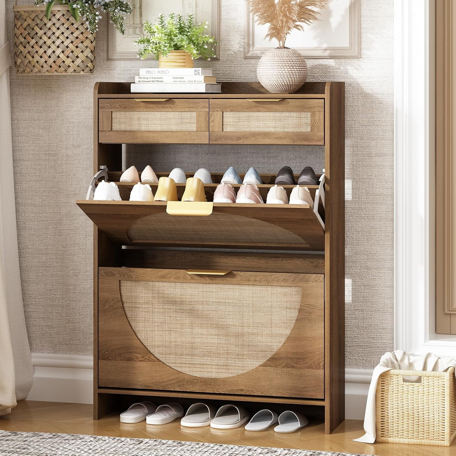 Shoe Storage Cabinet with 4 Flip Drawers & 2 Drawers Freestanding ...