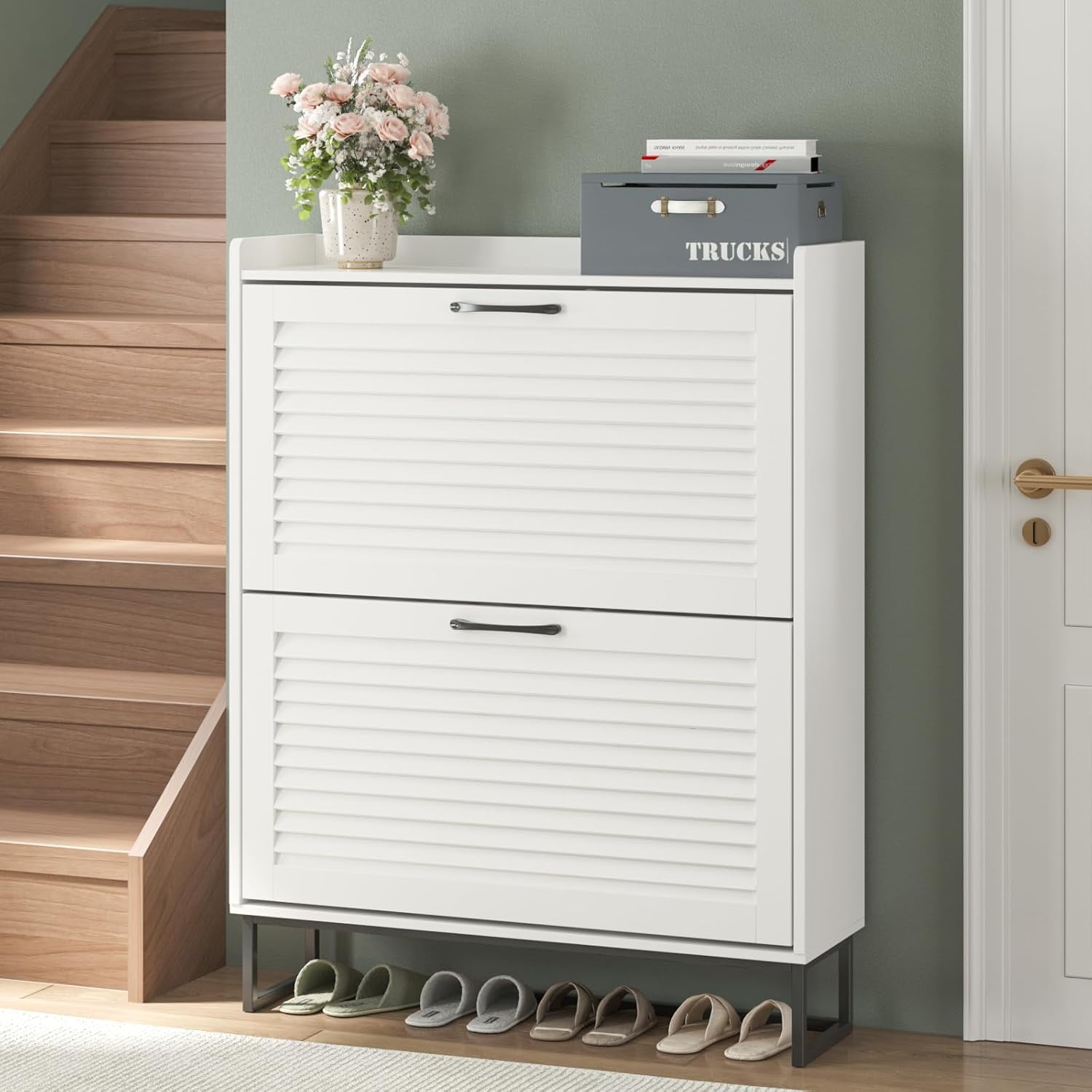 Shoe Storage Cabinet with 4 Flip Louvered Doors, Freestanding Organizer ...