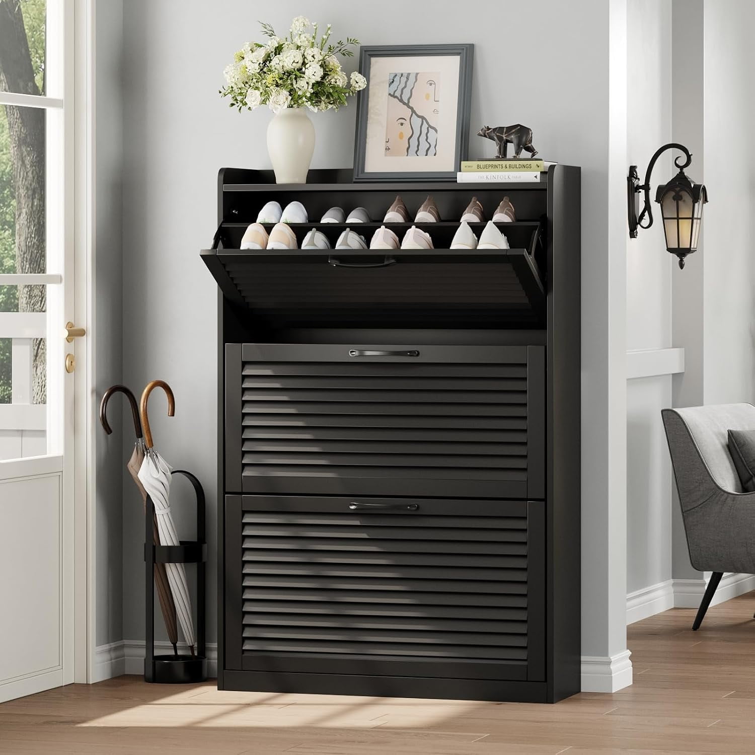 Shoe Storage Cabinet with 4 Flip Louvered Doors Freestanding Organizer ...