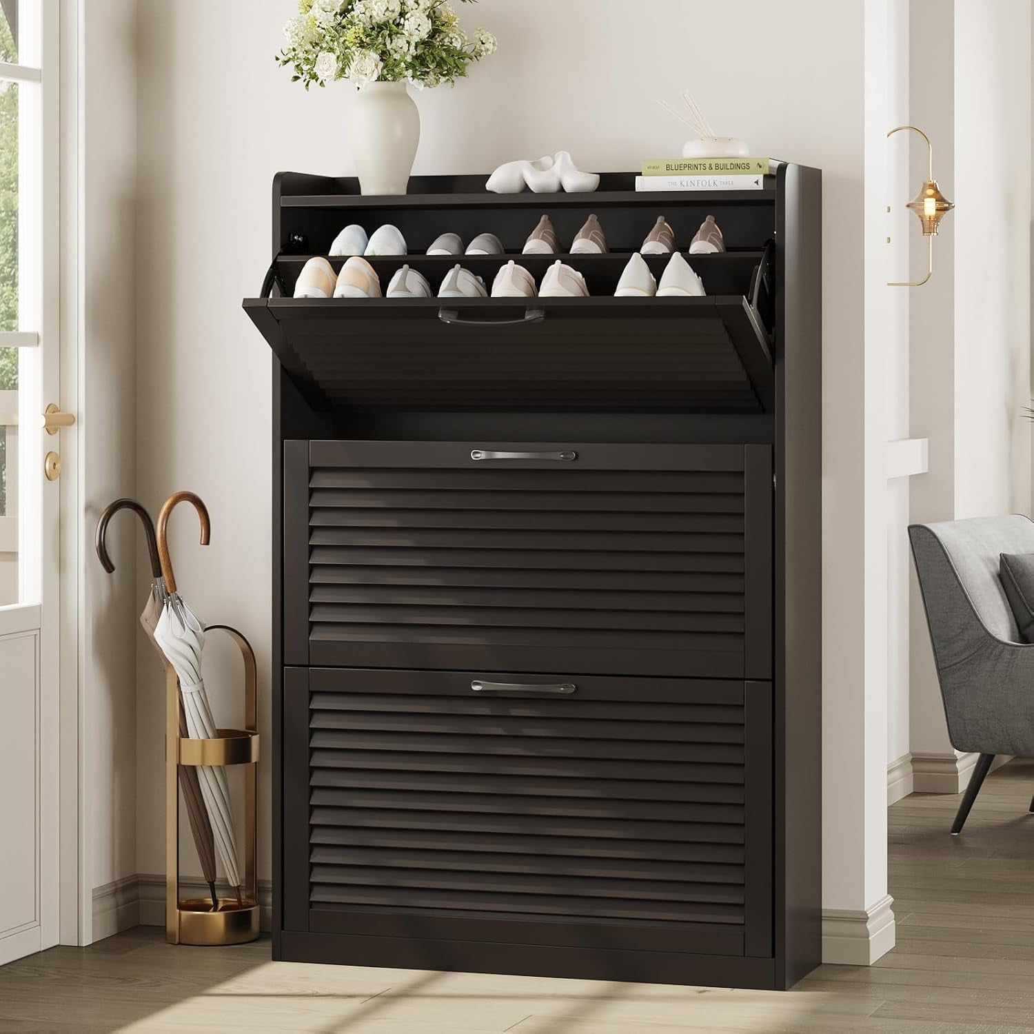 Shoe Storage Cabinet with 4 Flip Louvered Doors Freestanding Organizer ...