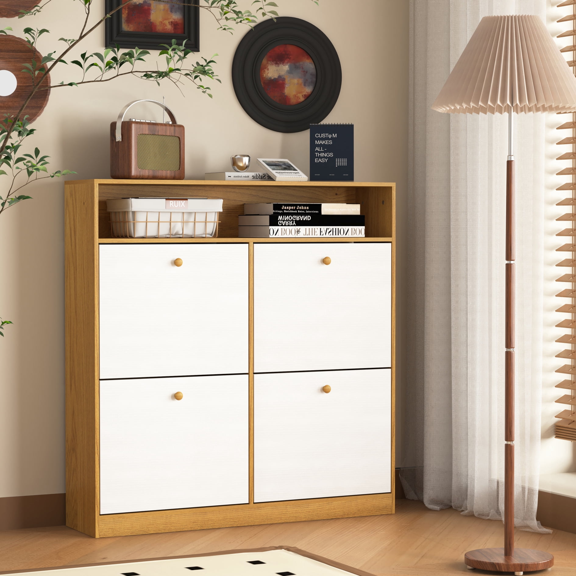 Shoe Storage Cabinet, 4 Flip Narrow Shoe Organizer Cabinet, Entryway ...
