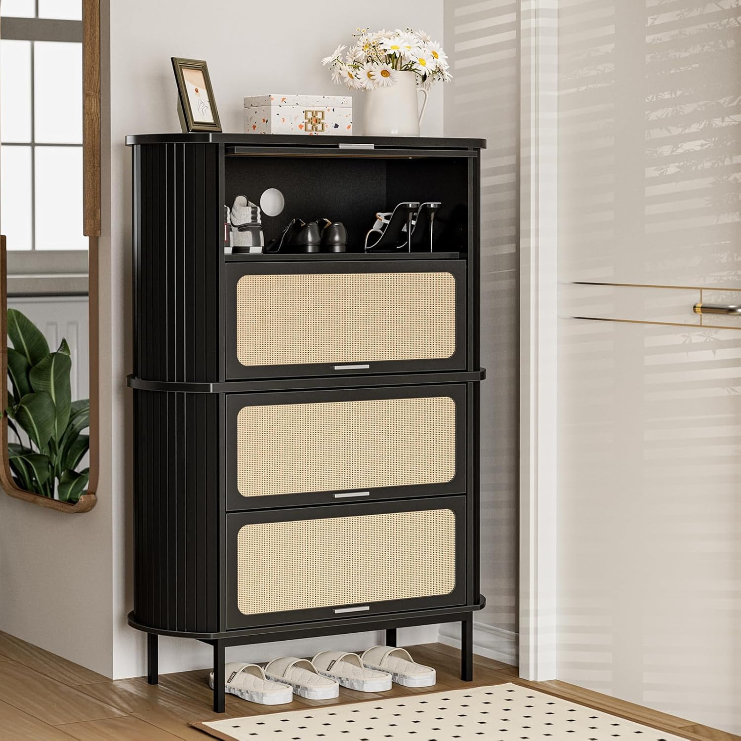 Shoe Storage Cabinet with 4-Tier Drawers, Natural Rattan Freestanding ...