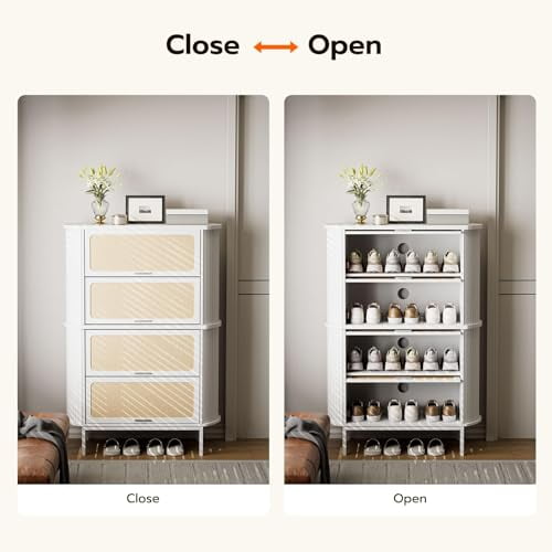 Shoe Storage Cabinet with 4-Tier Drawers, Natural Rattan Freestanding ...