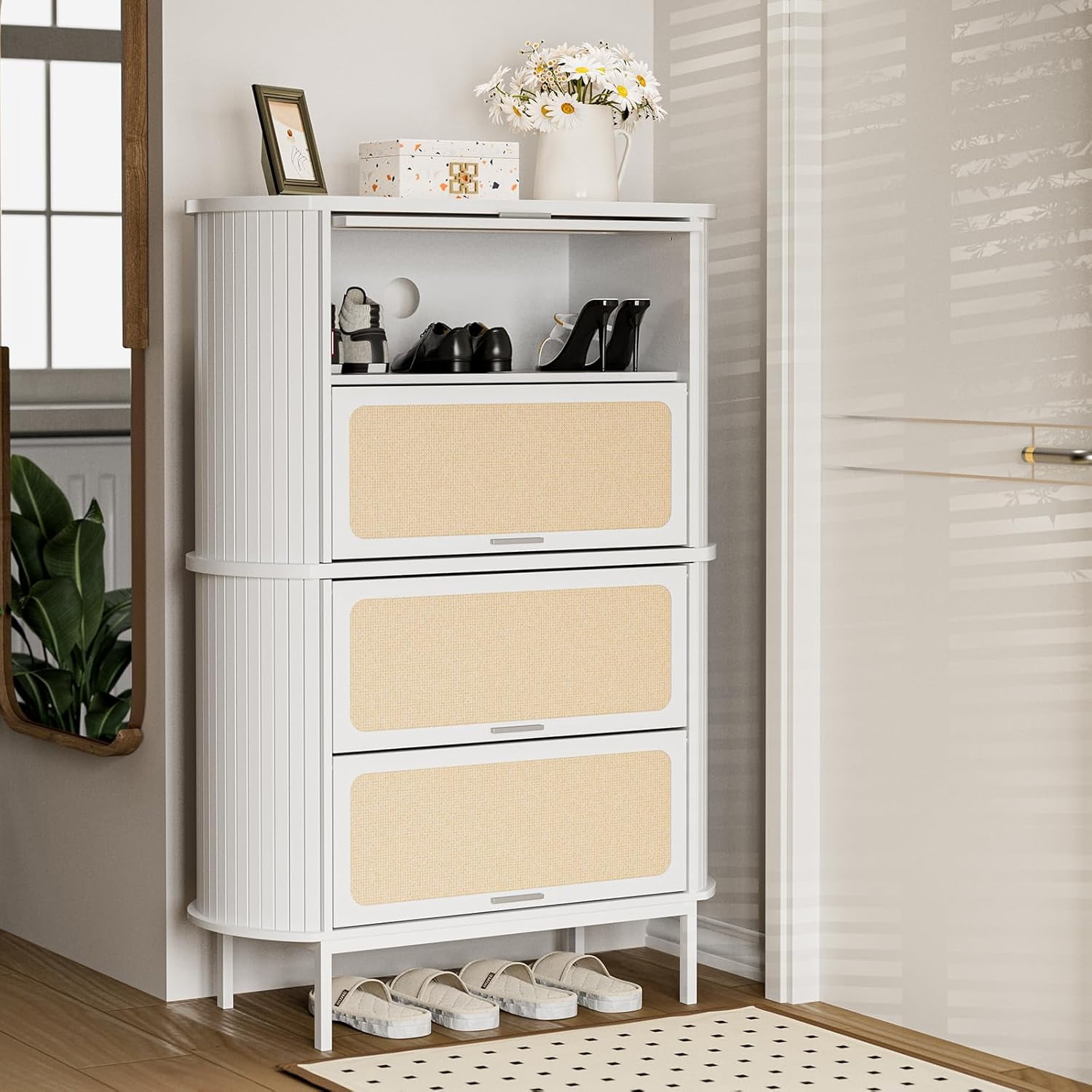 Shoe Storage Cabinet with 4-Tier Drawers, Natural Rattan Freestanding ...