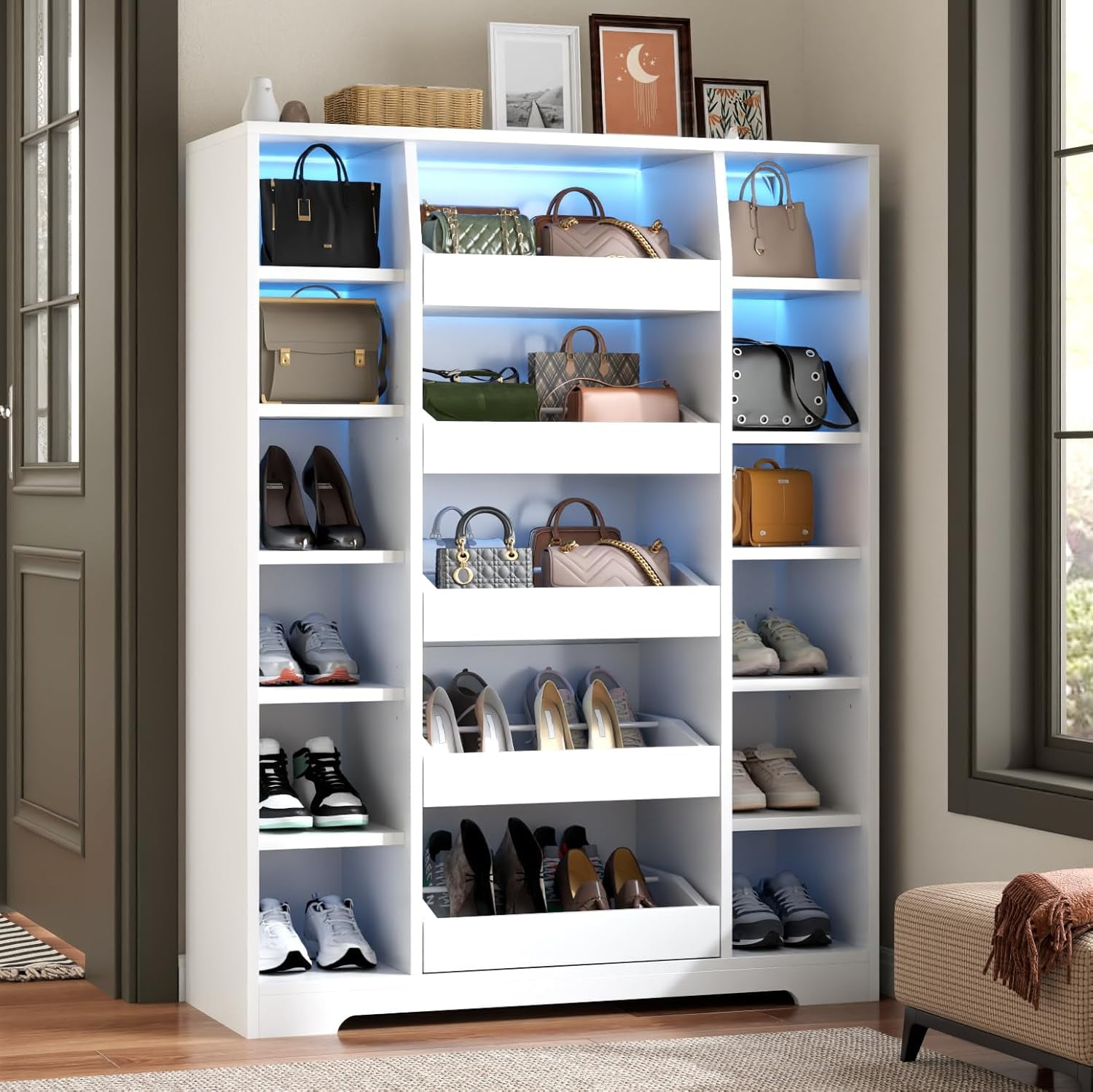 Shoe Storage Cabinet with 5 Drawers & 12 Shelves, Modern LED Shoe Rack ...