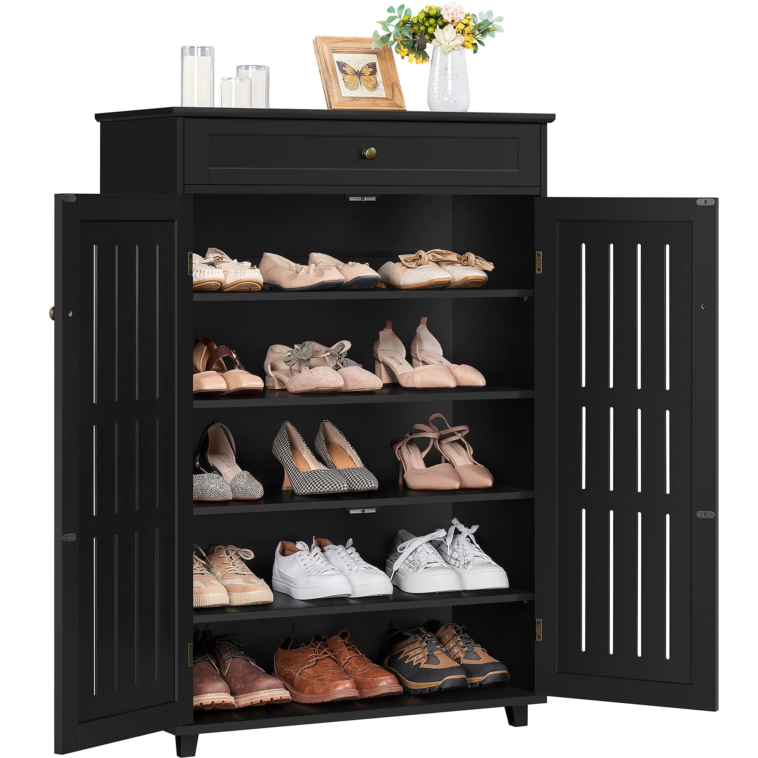 Shoe Storage Cabinet 5 Shelf with Drawer, Freestanding Wooden Shoe ...