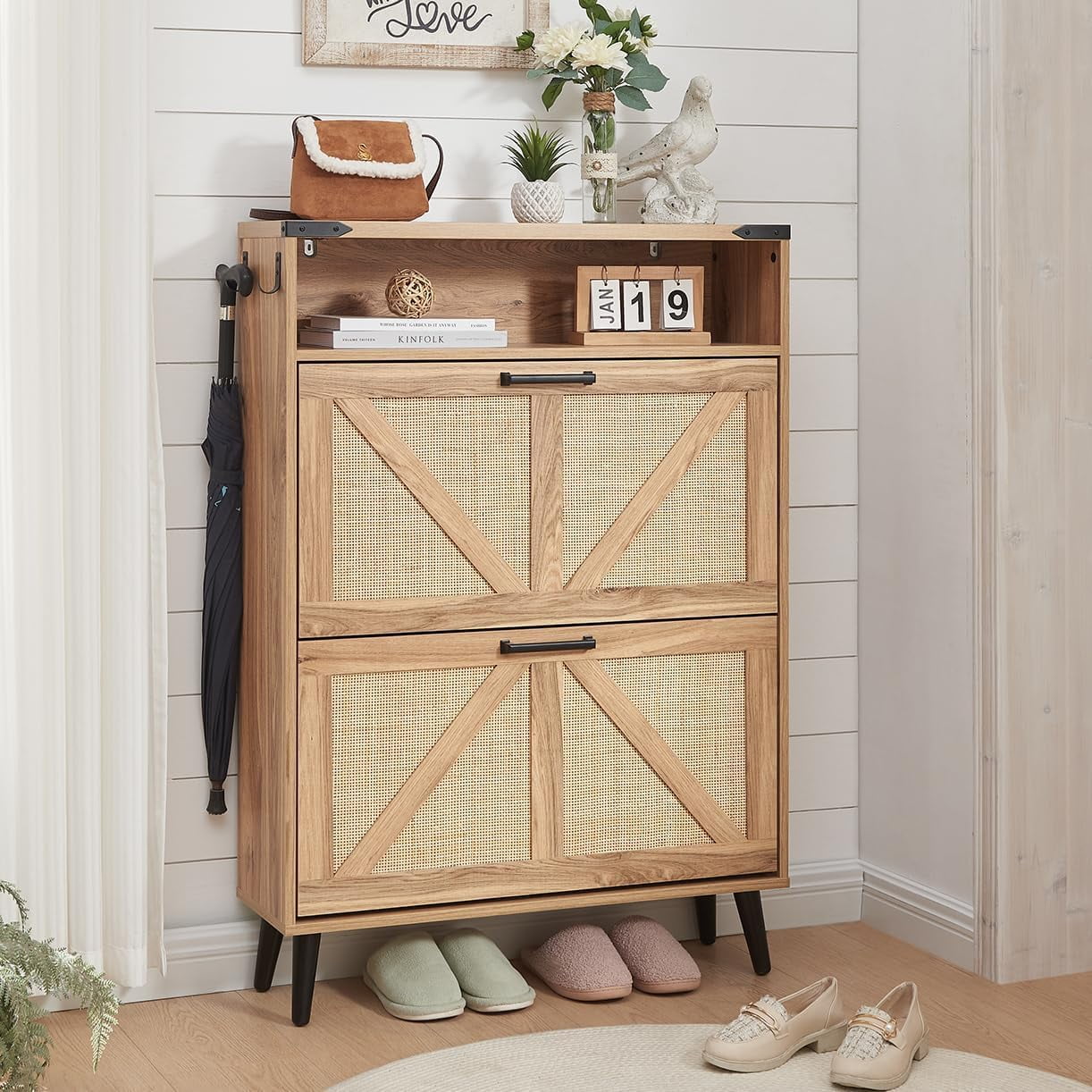 Shoe Storage Cabinet, Boho Rattan Shoe Organizer with 2 Flip Drawers ...
