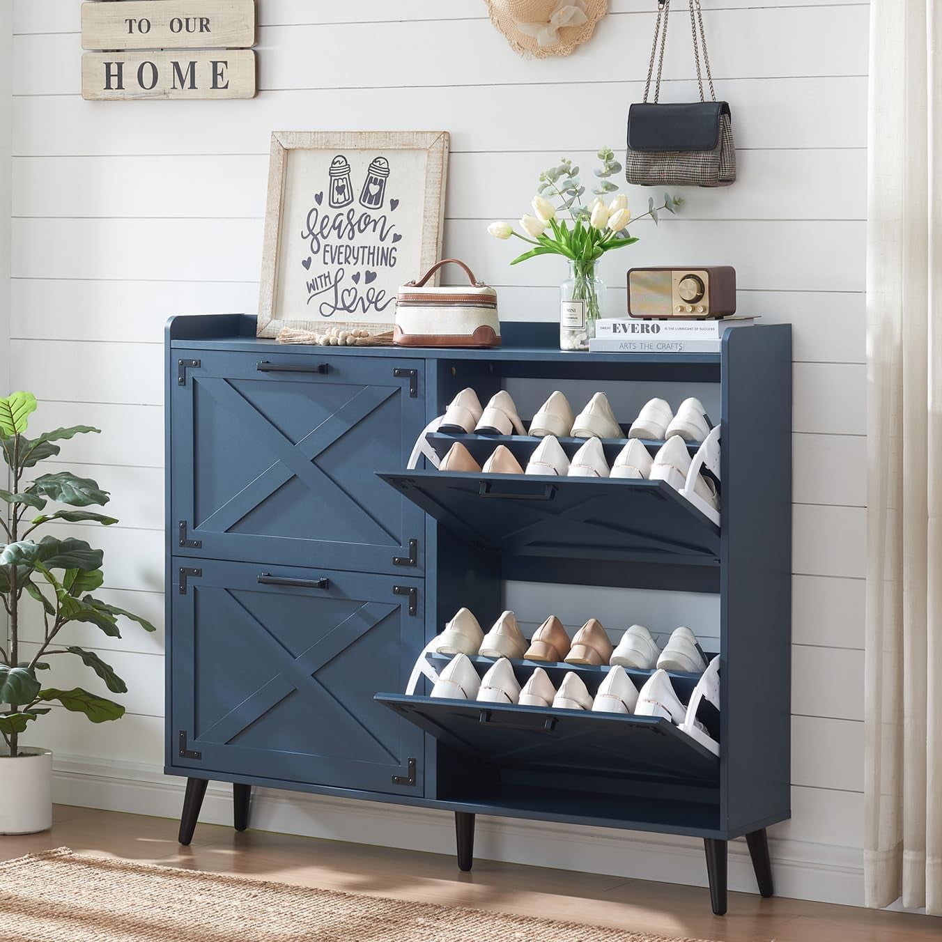 Shoe Storage Cabinet Boho Shoe Organizer with 4 Flip Drawers & Design ...
