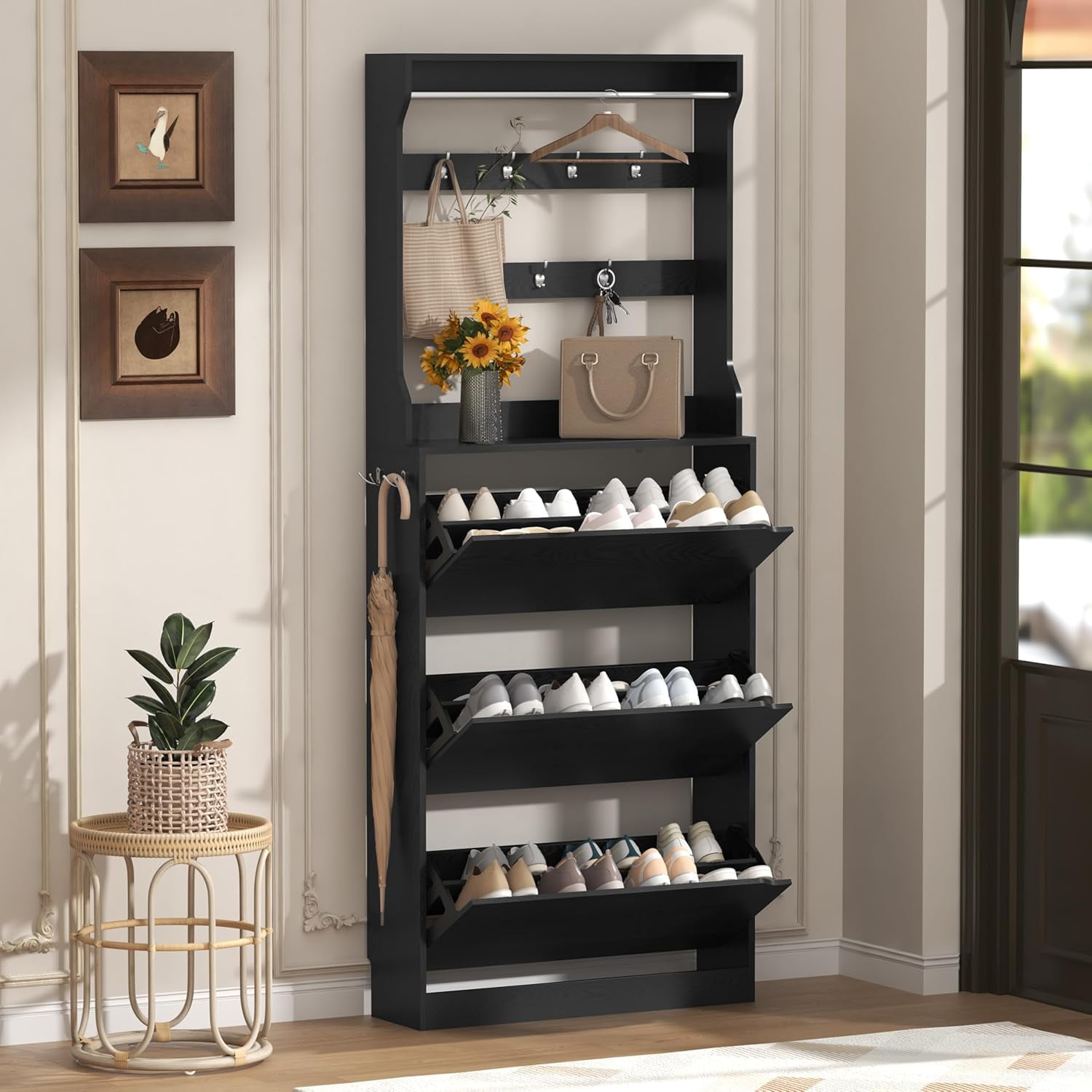 Shoe Storage Cabinet with Coat Rack, Slim Hidden Shoe Cabinet Storage ...