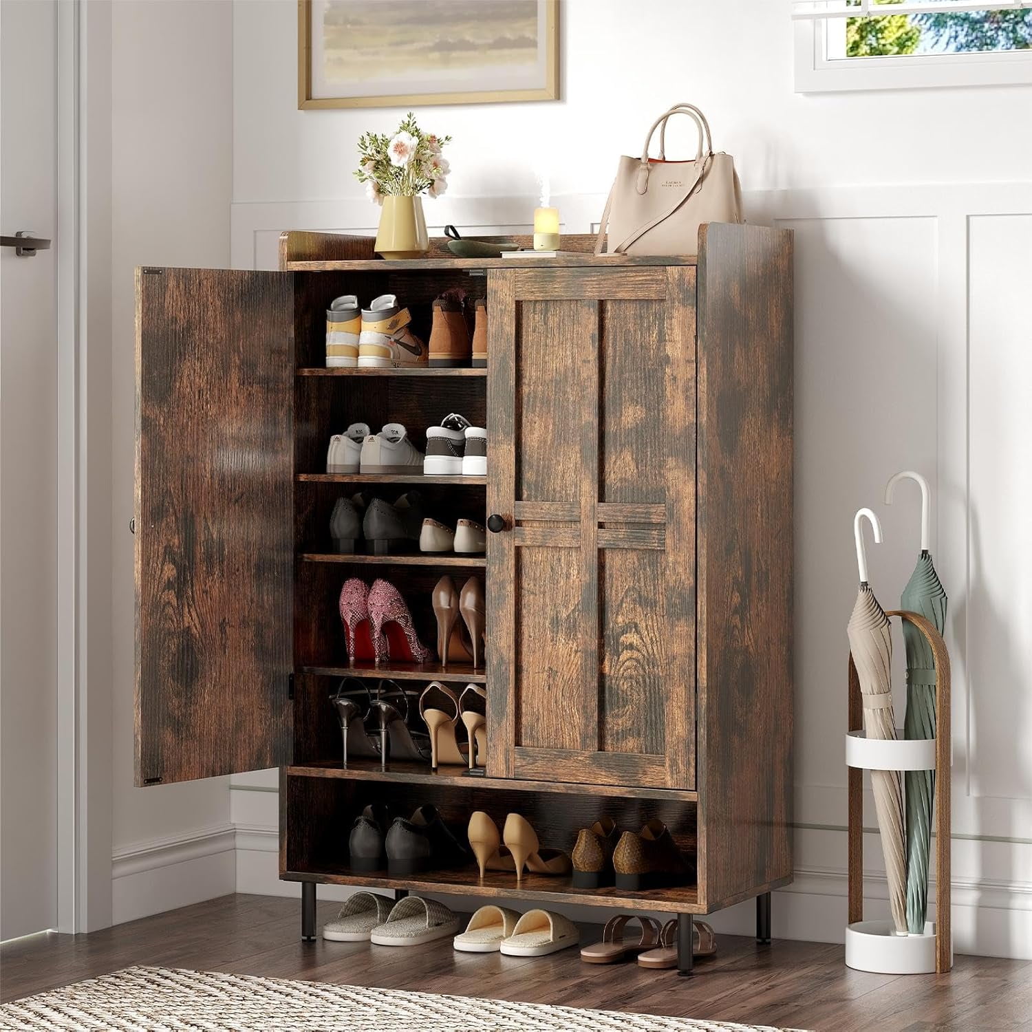 Shoe Storage Cabinet with Cross Molding Doors, 6-Tier Shoe Cabinet with ...