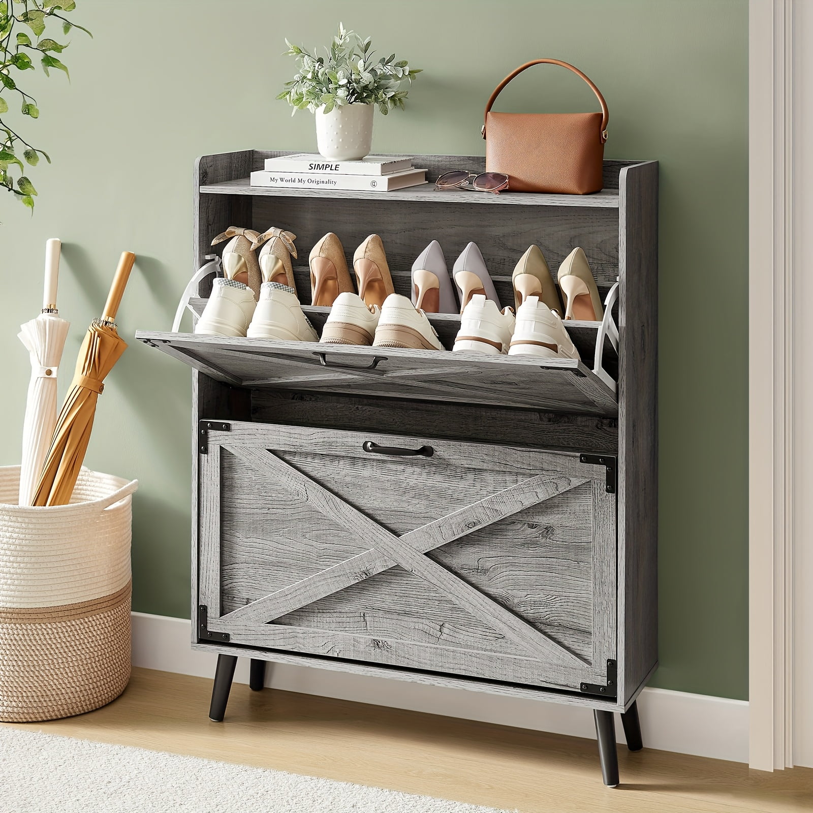 Shoe Storage Cabinet with Doors - 2 Flip-Up Drawers, Compact Organizer ...