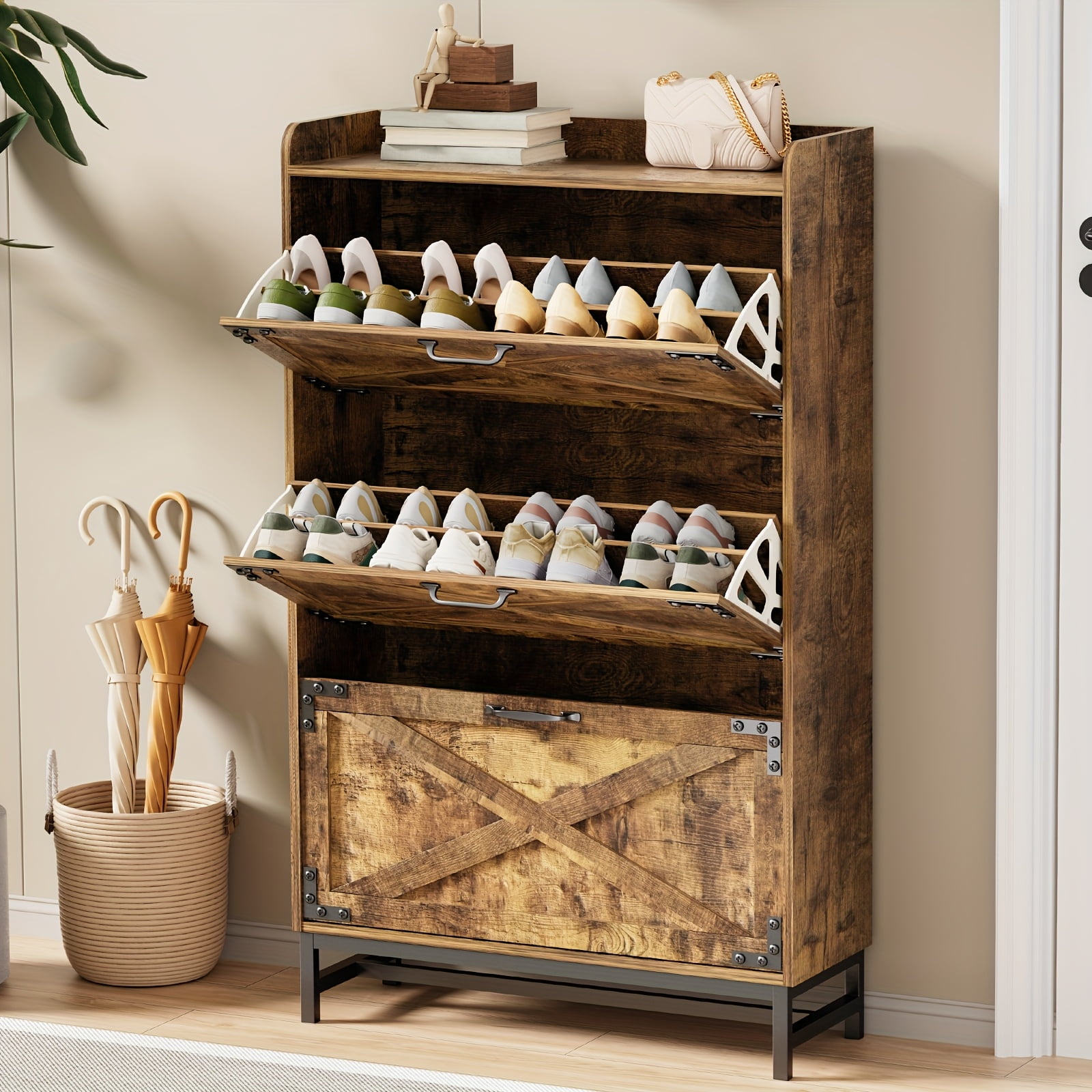 Shoe Storage Cabinet with Doors - 2 Flip-Up Drawers, Compact Organizer ...