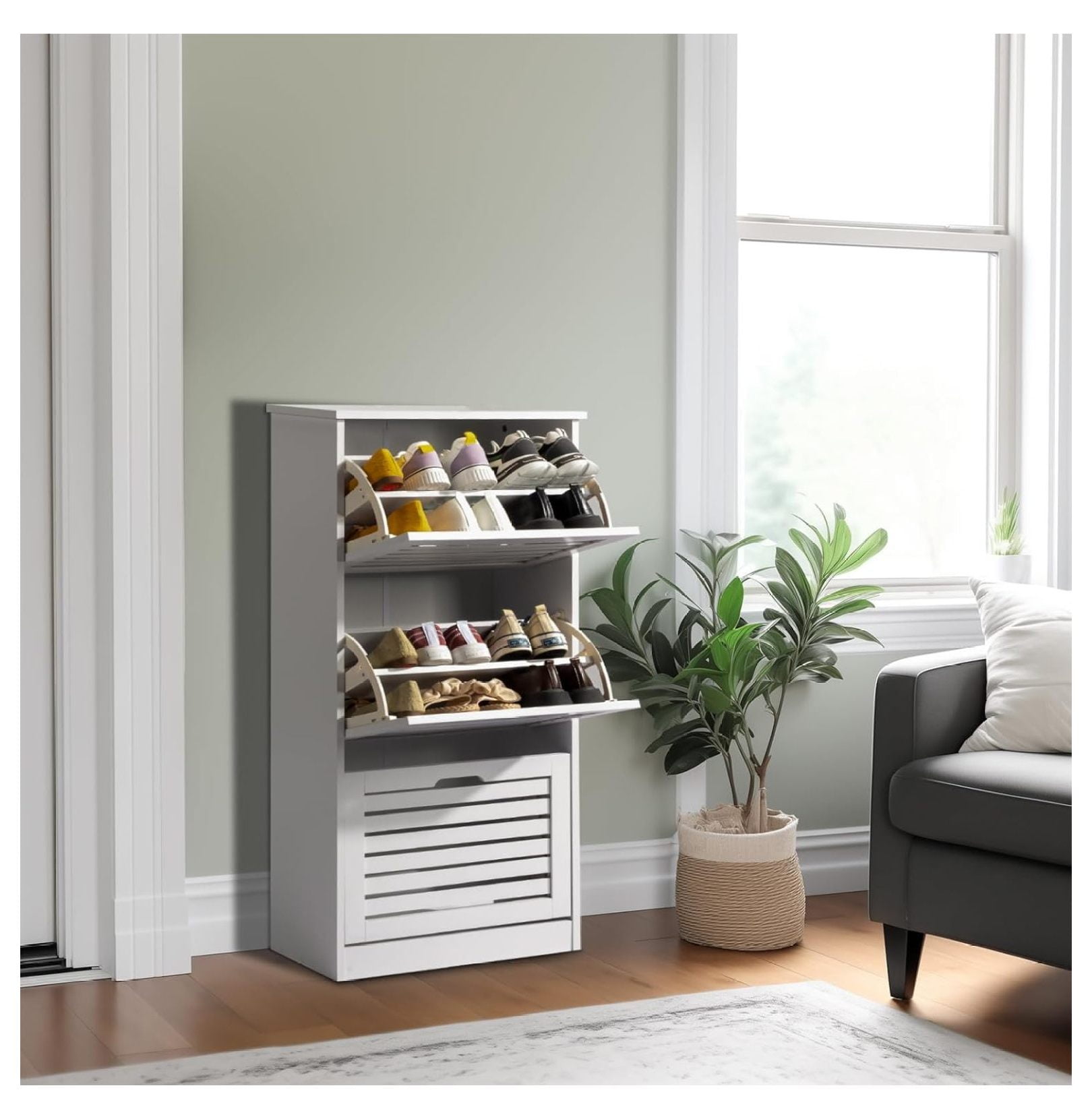 Shoe Storage Cabinet with Drawers Louvered Doors, Freestanding Shoe ...