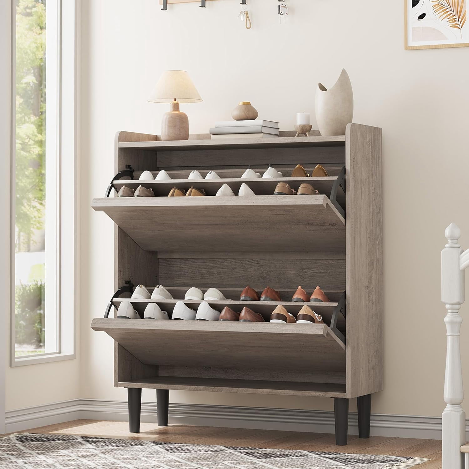 Shoe Storage Cabinet for Entryway with 3 Flip Drawers,Narrow Wood Shoe ...