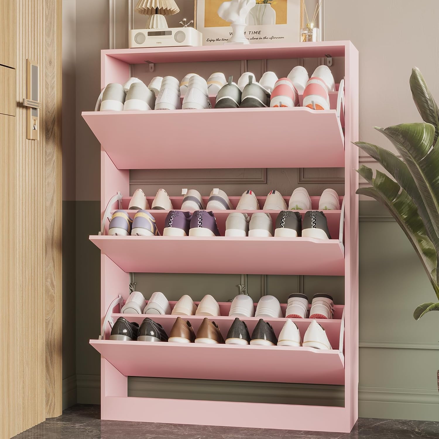 Shoe Storage Cabinet for Entryway with 3 Flip Drawers, Sturdy Wood ...