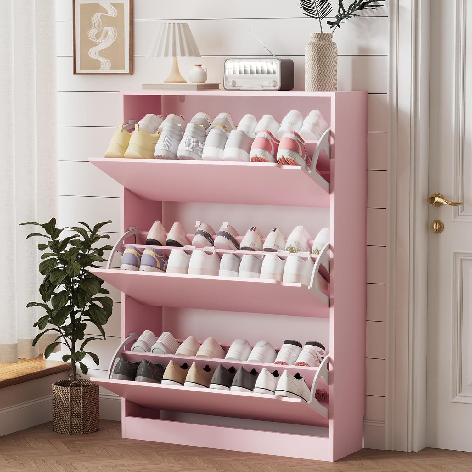 Shoe Storage Cabinet for Entryway with 3 Flip Drawers, Sturdy Wood ...