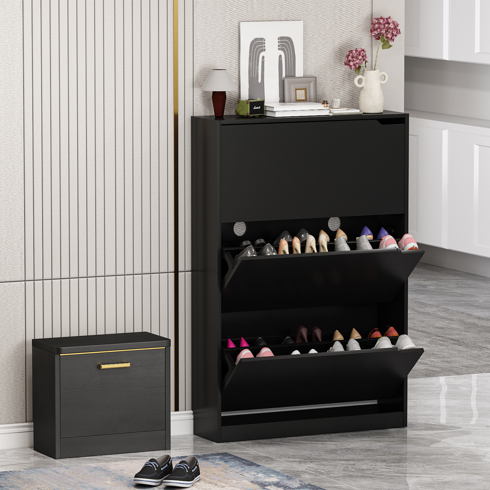 Dextrus White Shoe Cabinet, Modern Entryway Shoe Rack, Tipping Bucket ...