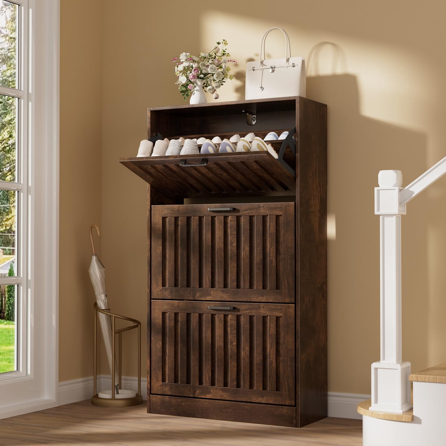 Shoe Storage Cabinet for Entryway with 3 Flip Drawers, Wooden Shoe ...