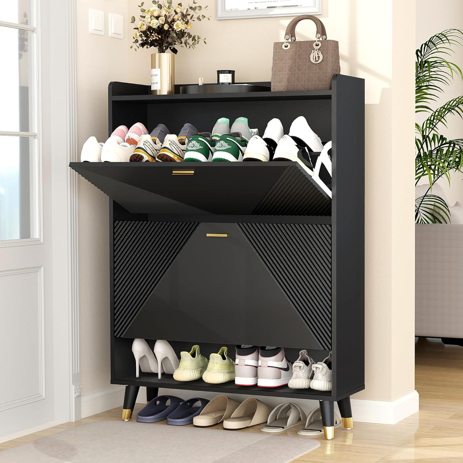 Shoe Storage Cabinet for Entryway Black: Shoe Organizer Cabinet Wooden ...