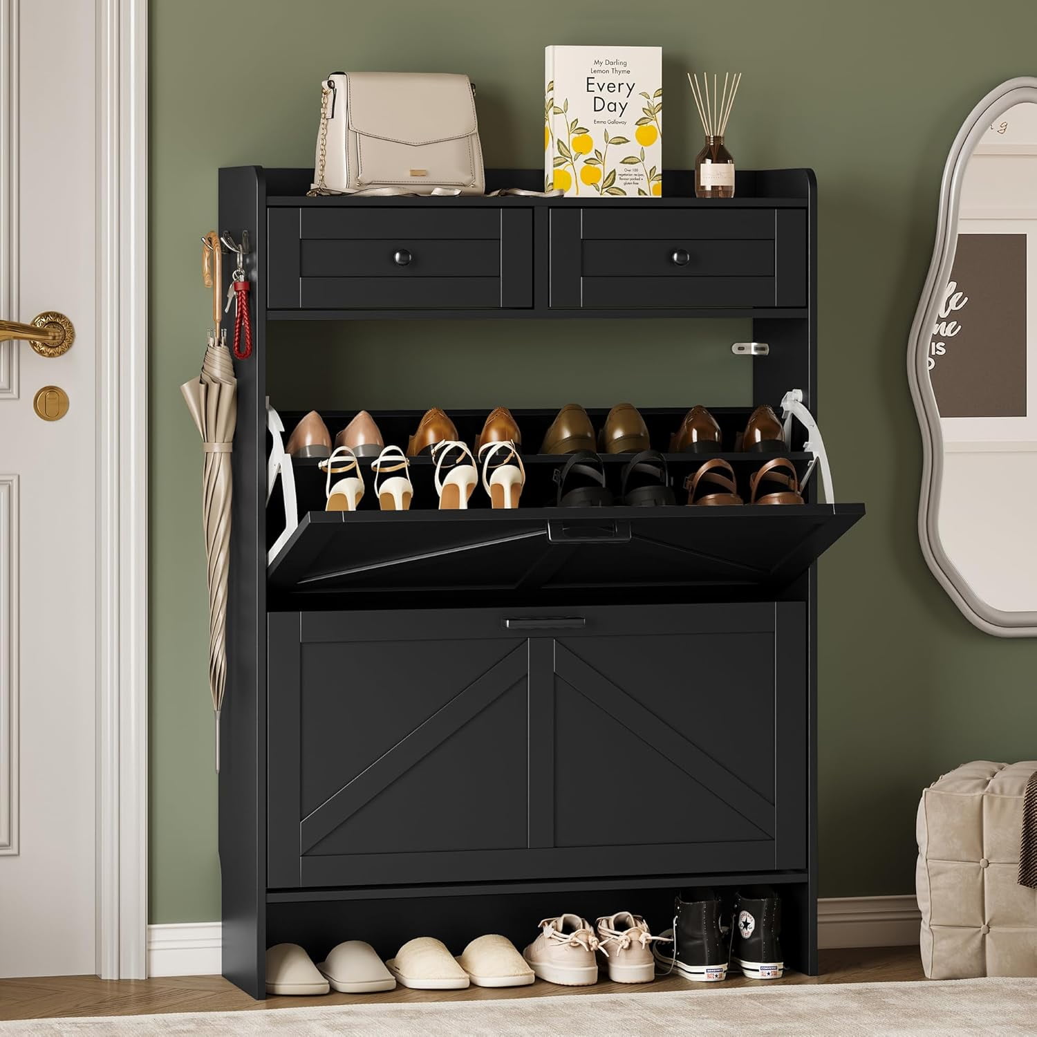 Shoe Storage Cabinet for Entryway, Farmhouse Narrow Shoe Cabinet with 2 ...