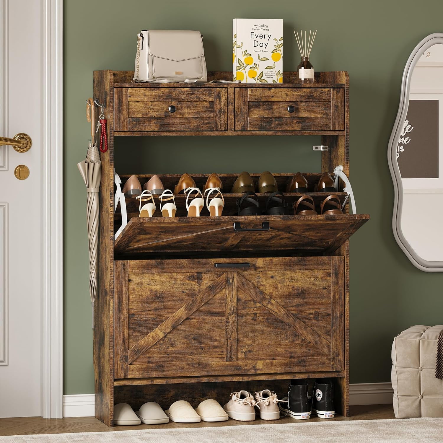 Shoe Storage Cabinet for Entryway, Farmhouse Narrow Shoe Cabinet with 2 ...