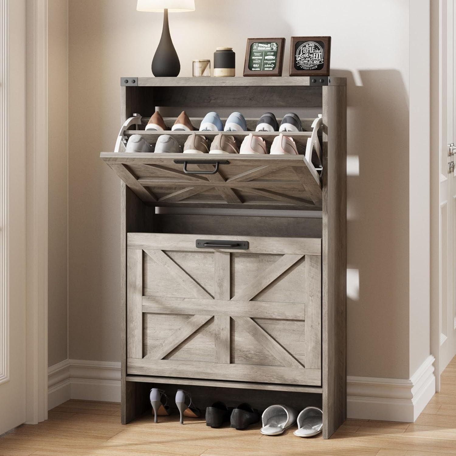 Shoe Storage Cabinet for Entryway,Farmhouse Slim Shoe Cabinet with 2 ...