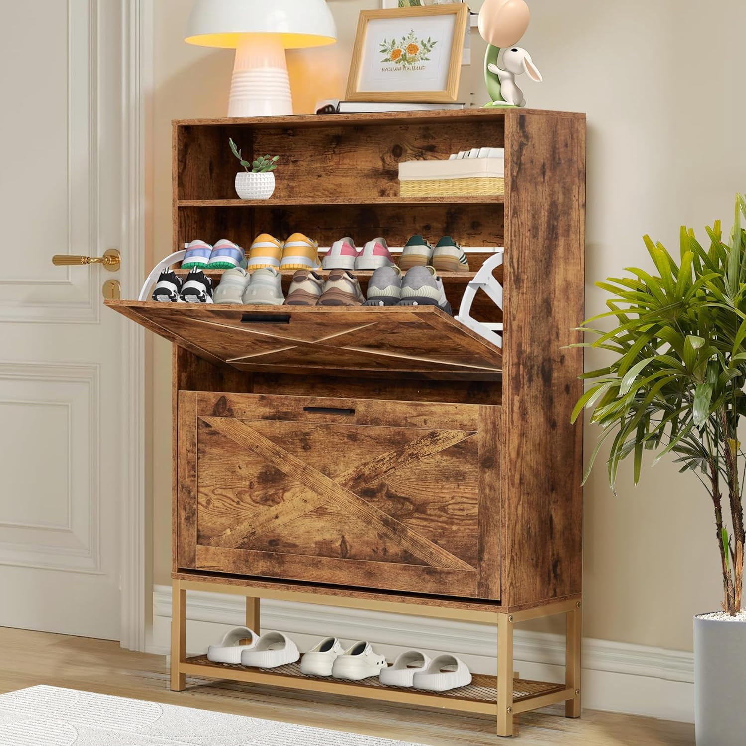 Shoe Storage Cabinet for Entryway,Farmhouse Slim Shoe Organizer with 2 ...