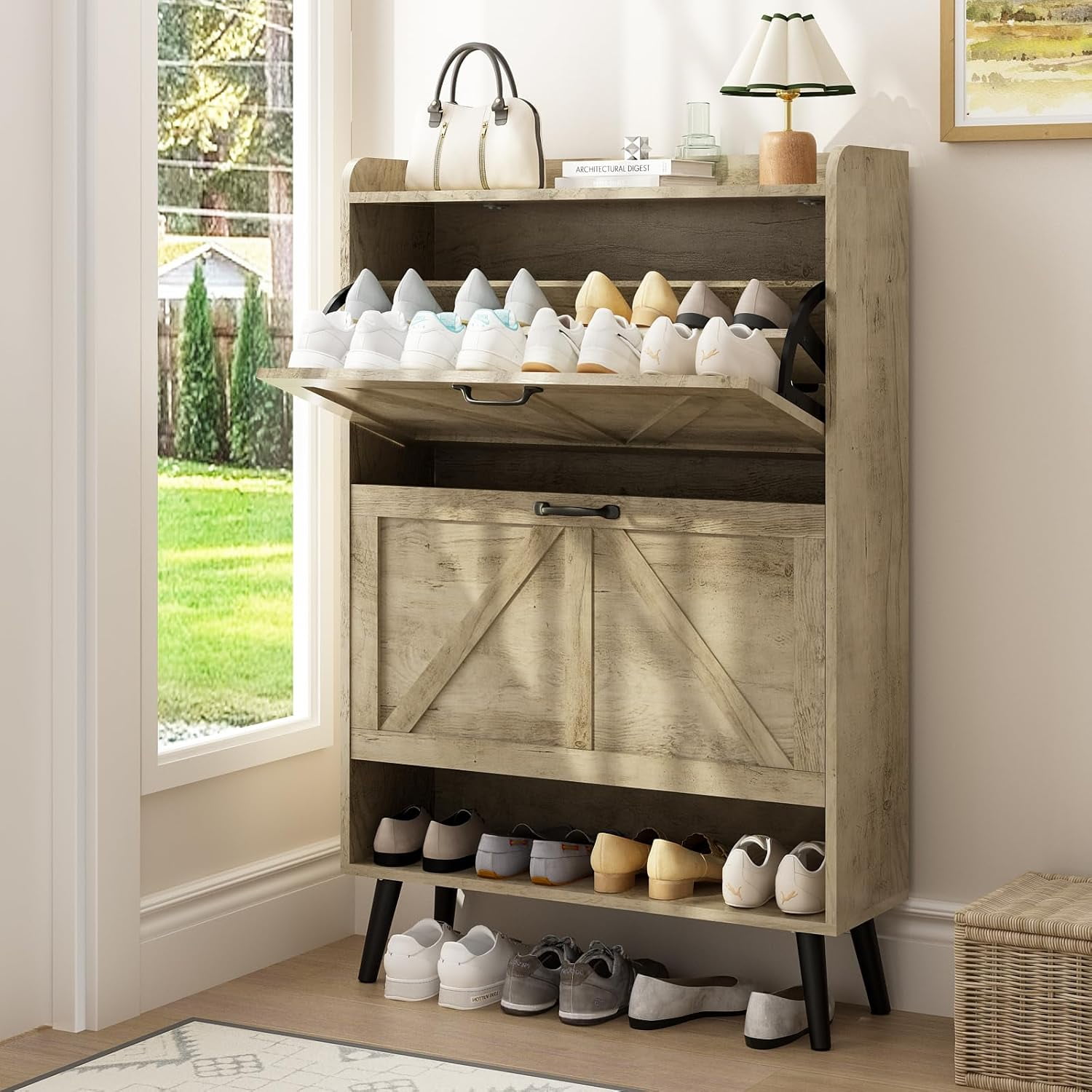 Shoe Storage Cabinet for Entryway, Hidden Shoe Cabinet with 2 Flip ...
