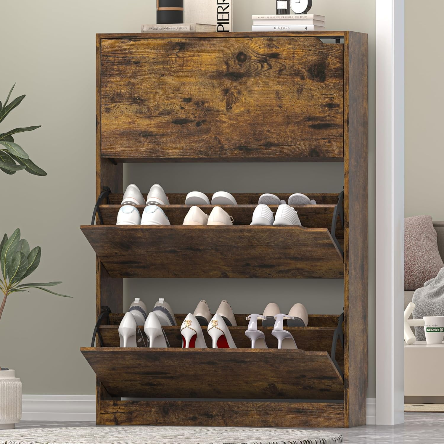 Shoe Storage Cabinet for Entryway Pink Shoe Cabinet with 3 Flip Drawers ...