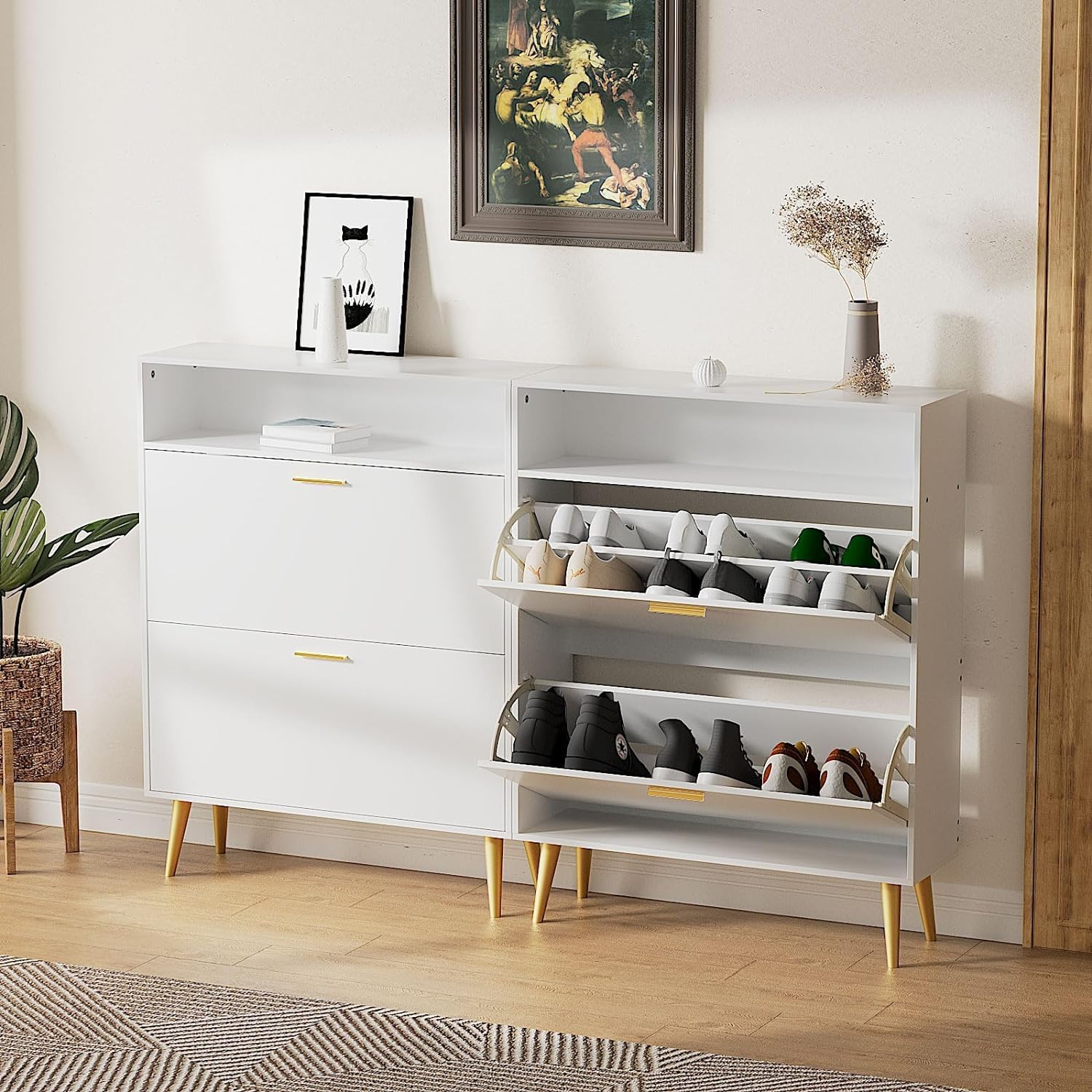 Shoe Storage Cabinet Entryway Set of 2, White Shoe Cabinet w/ 2 Flip ...