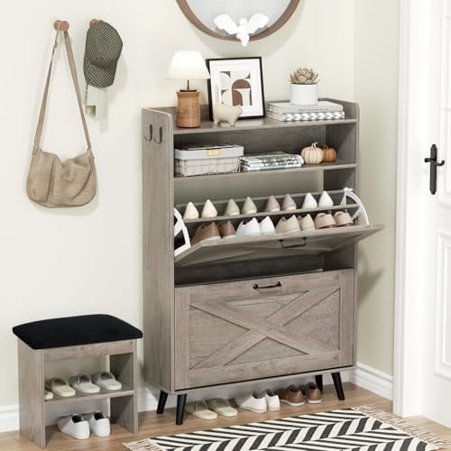 Shoe Storage Cabinet for Entryway, Shoe Organizer with 2 Flip Drawers ...
