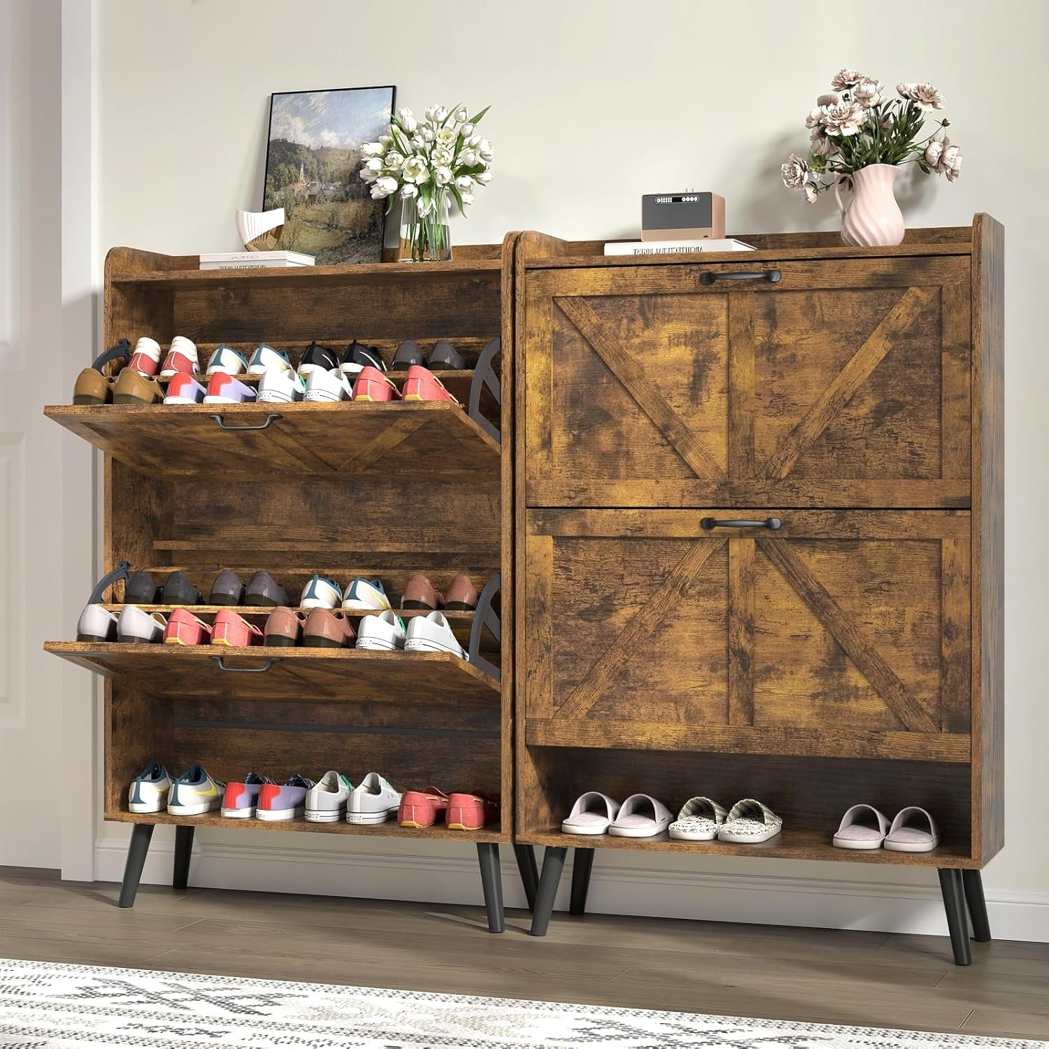 Shoe Storage Cabinet, Entryway Shoe Storage with Flip Drawer, Farmhouse ...