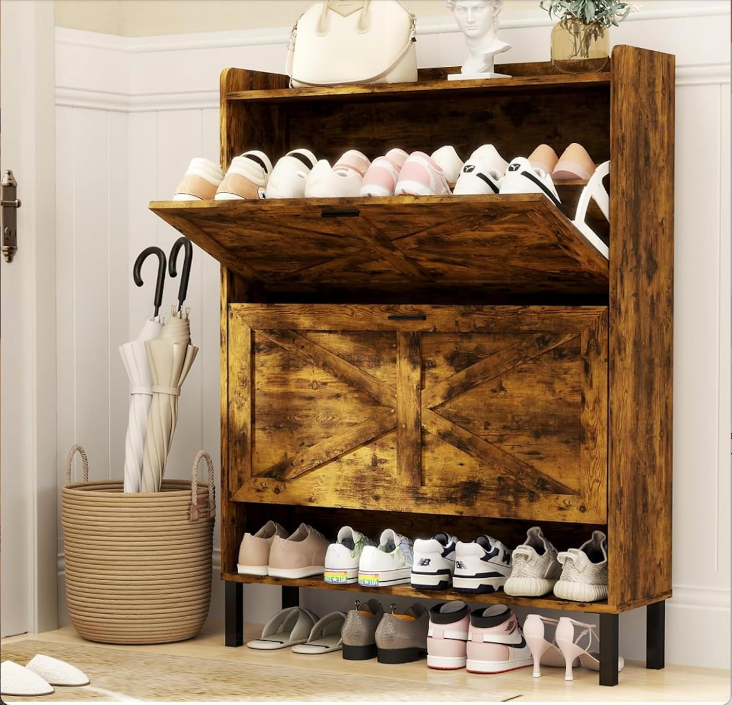 Shoe Storage Cabinet for Entryway Slim: Rustic Brown 2 Flip Drawers ...