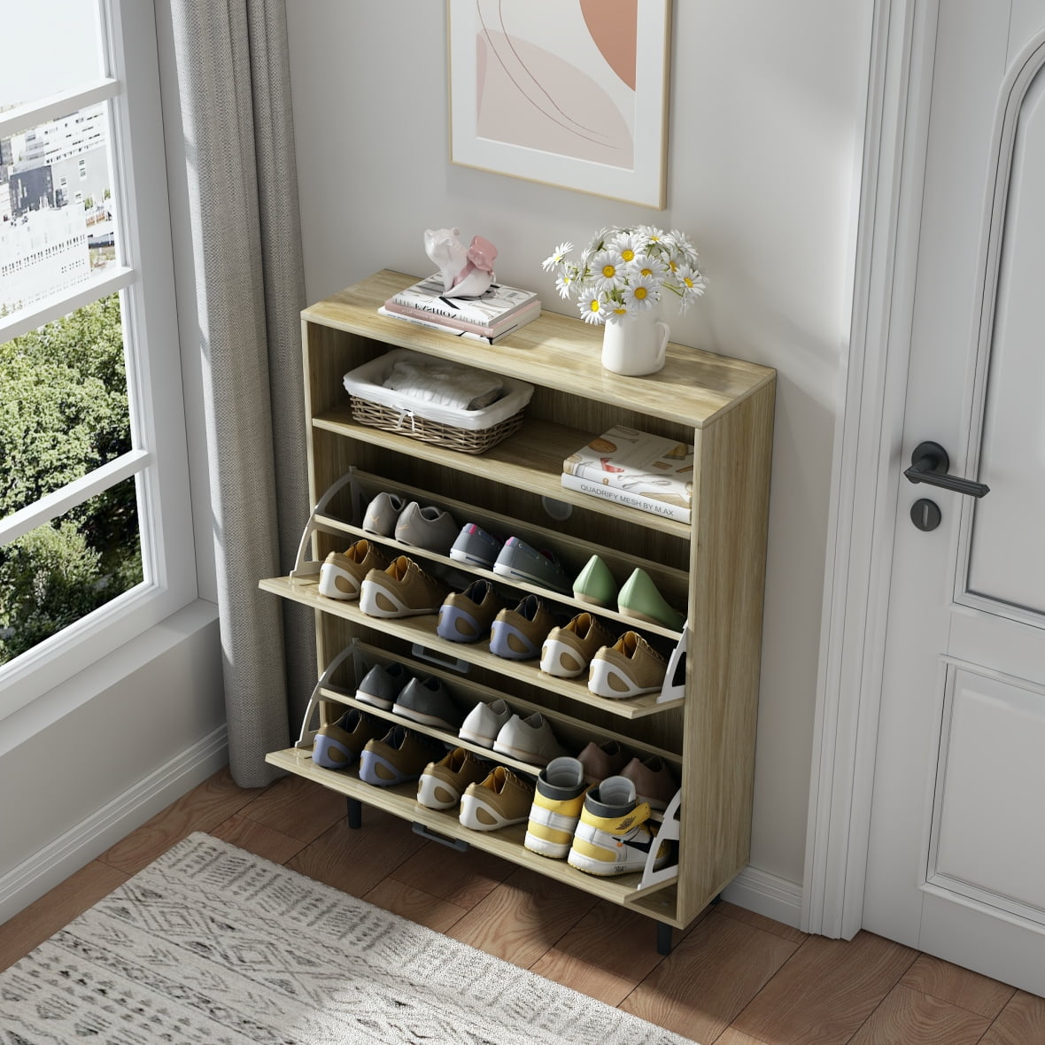 Shoe Storage Cabinet, Farmhouse Shoe Organizer with 2 Flip Drawers ...